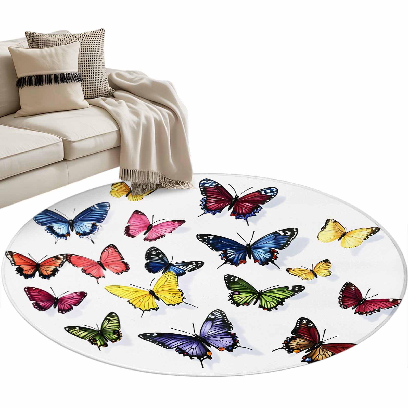 Colorful Butterfly Area Rug, Retro Butterfly Washable Large Circle ...