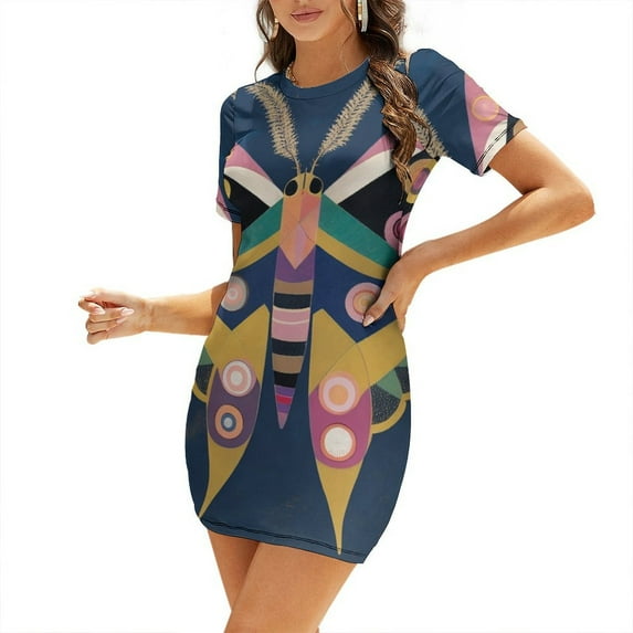 Colorful Butterfly Art Print Sweet Elegant Short Sleeves Dress Women ...