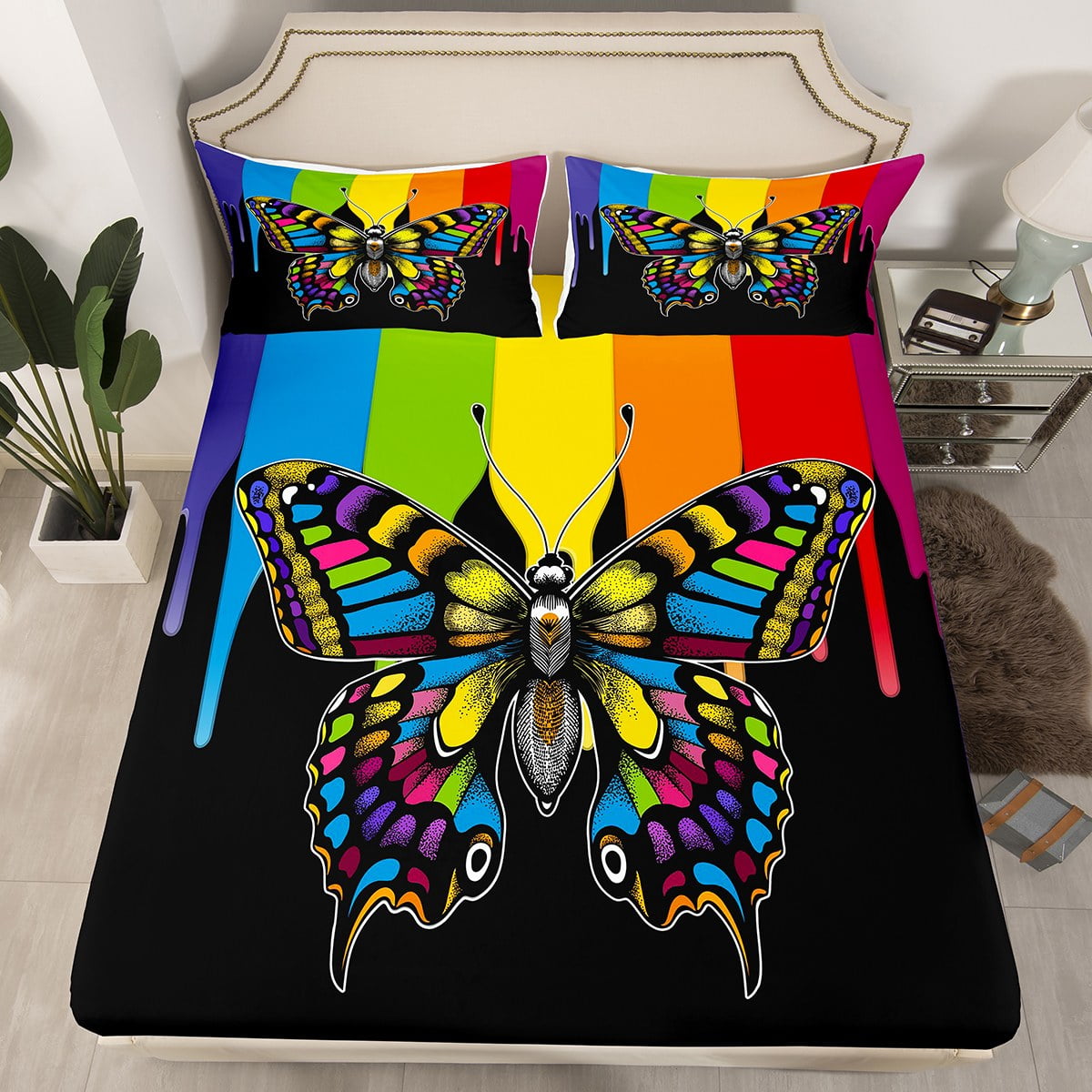Colorful Butterfly Bed Sheets Full,Wildlife Moth Fitted Sheet Teen ...