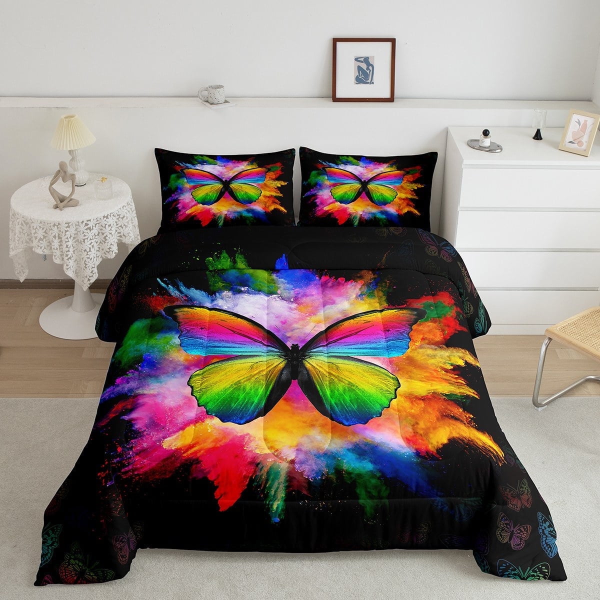 YST Colorful Butterfly Bedding Comforter Set, Watercolor Tie Dye, Queen ...