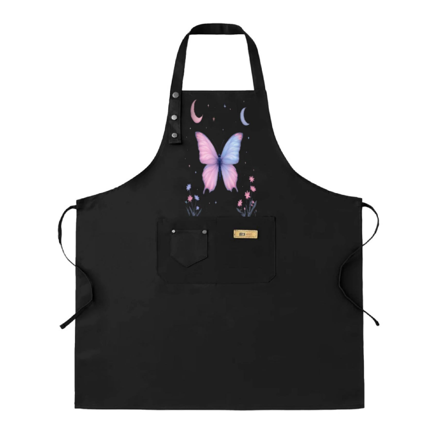 Colorful Butterfly Design Adjustable Bib Apron with 2 Pockets - Black ...