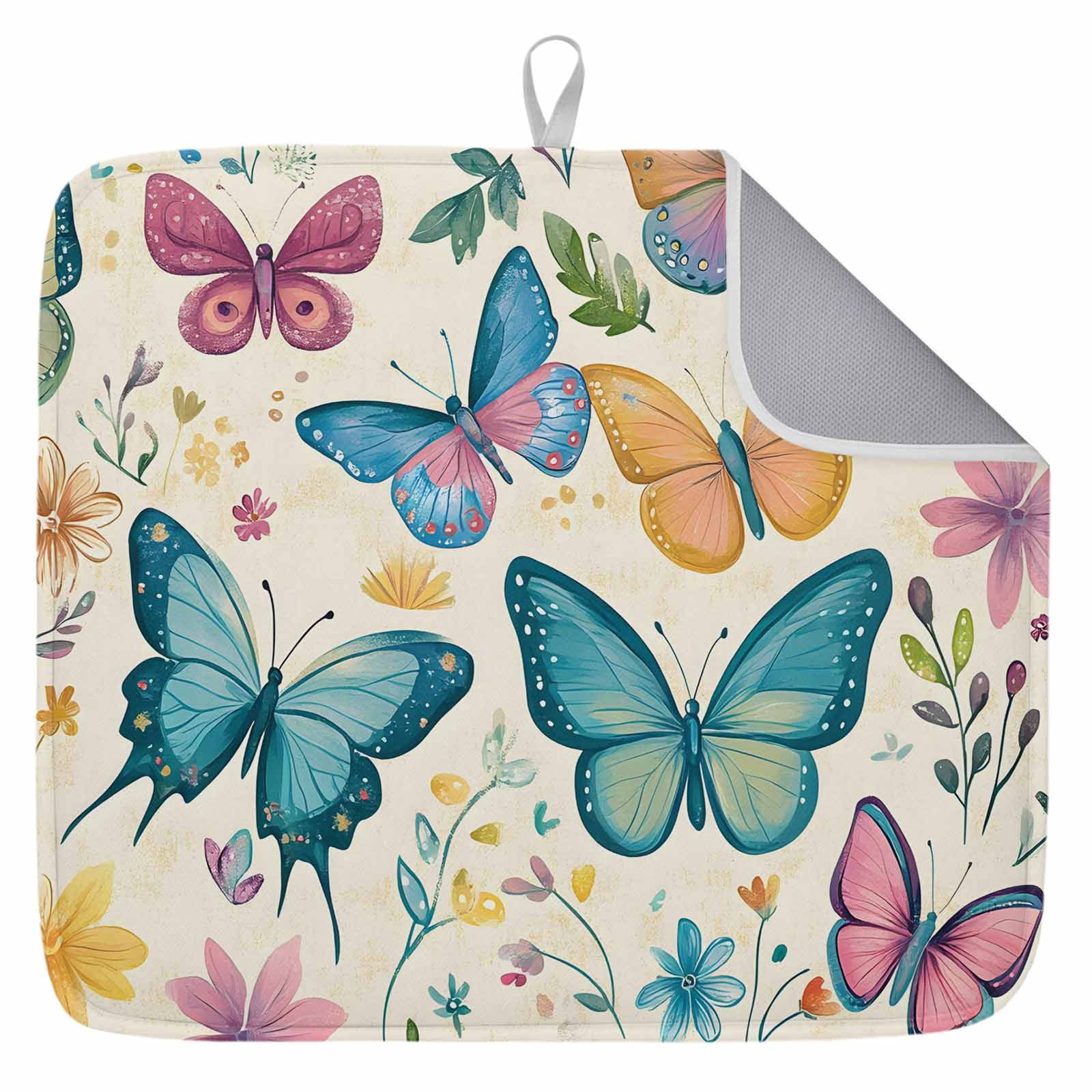 Colorful Butterfly Dish Drying Mat for Kitchen Counter, Retro Country ...