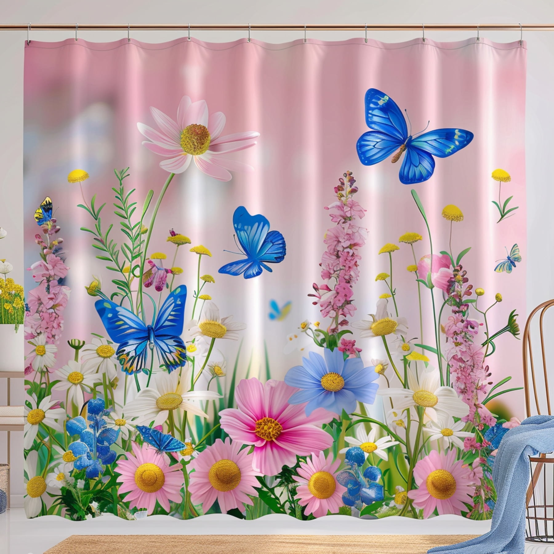 Colorful Butterfly And Flower Garden Shower Curtain Pink Background