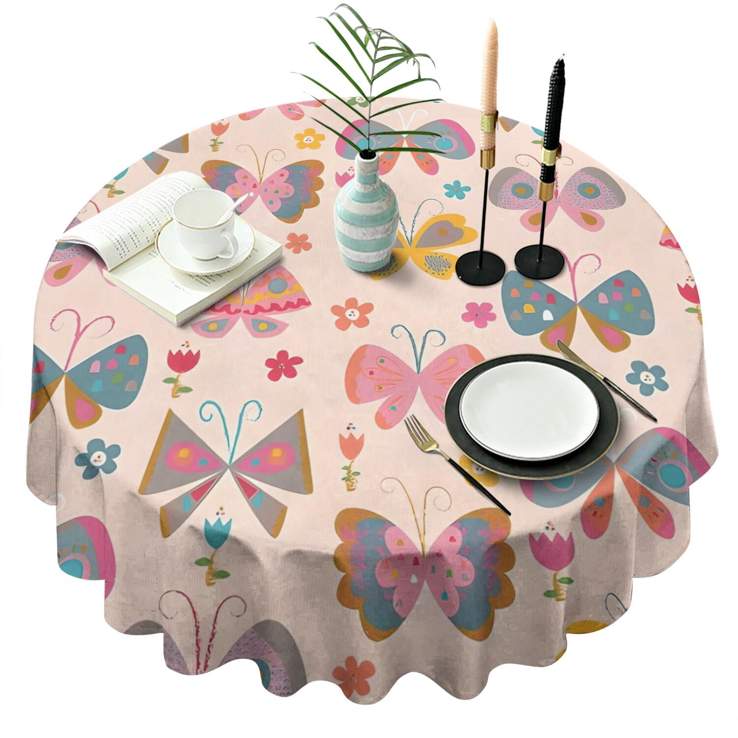Colorful Butterfly Flower Pattern Round Tablecloth 60"x60",Wrinkle ...