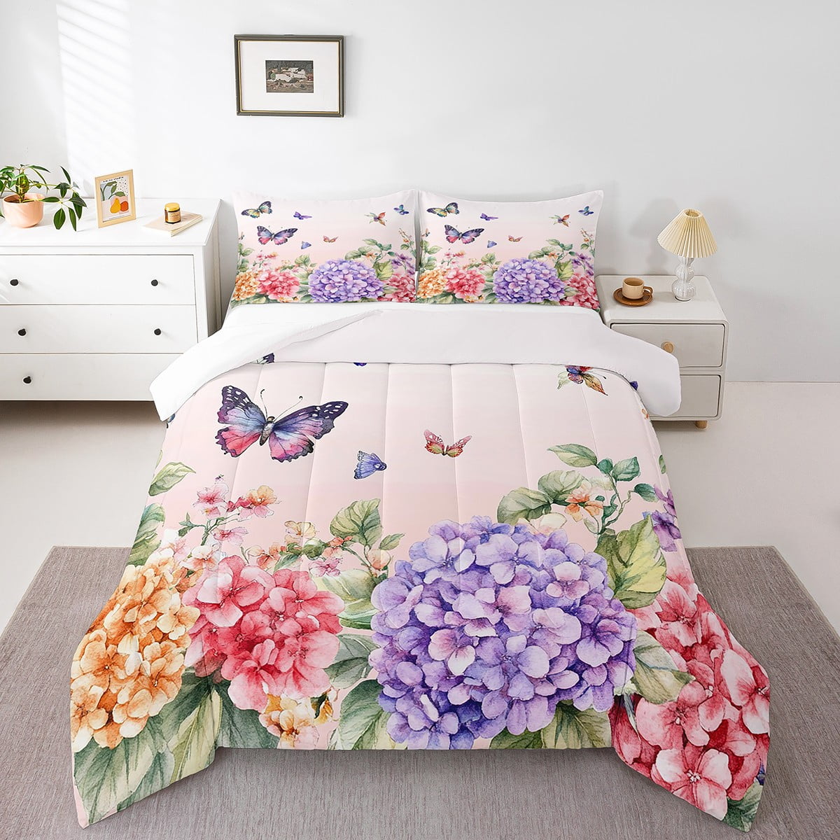 Colorful Butterfly Full Bedding Purple Hydrangea Comforter Set Romantic ...