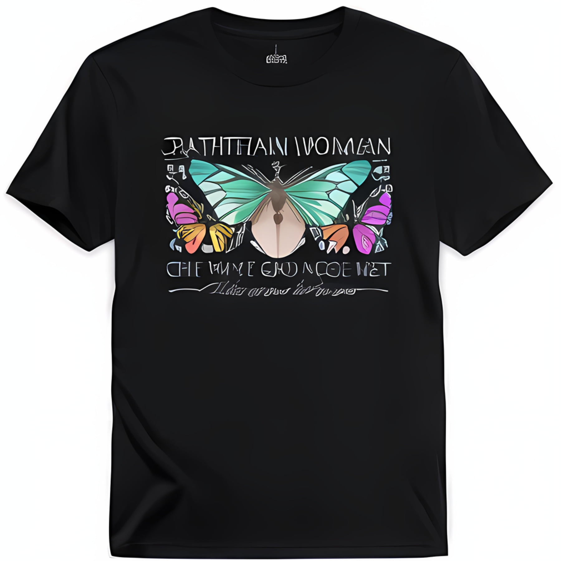 Colorful Butterfly Graphic Black T-Shirt with Artistic Text Design ...