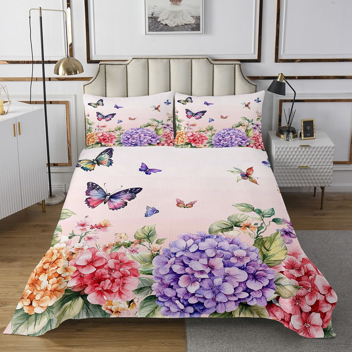 Colorful Butterfly King Bedspread Purple Hydrangea Quilt Set Romantic ...