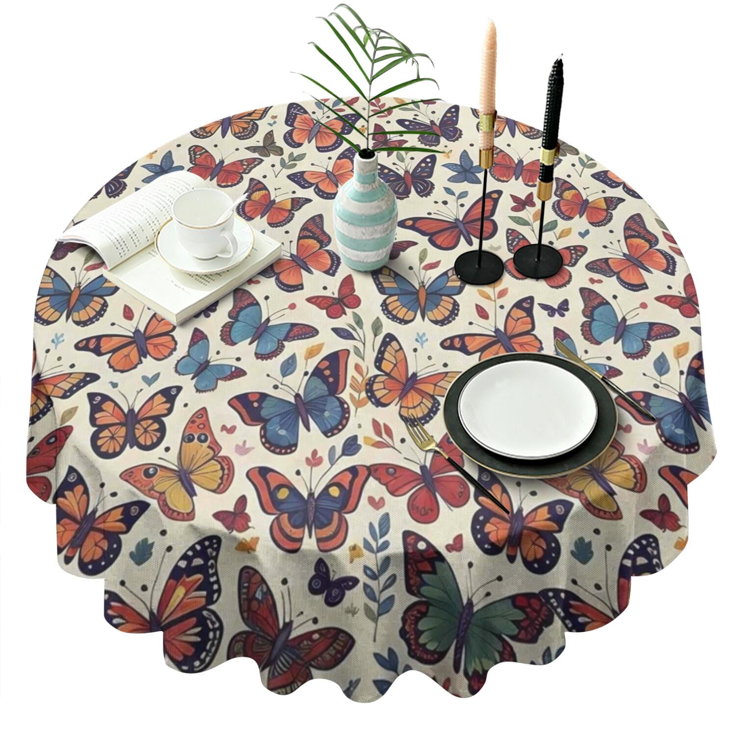 Colorful Butterfly Leaf Flower Beige Pattern Round Tablecloth 60"x60 ...