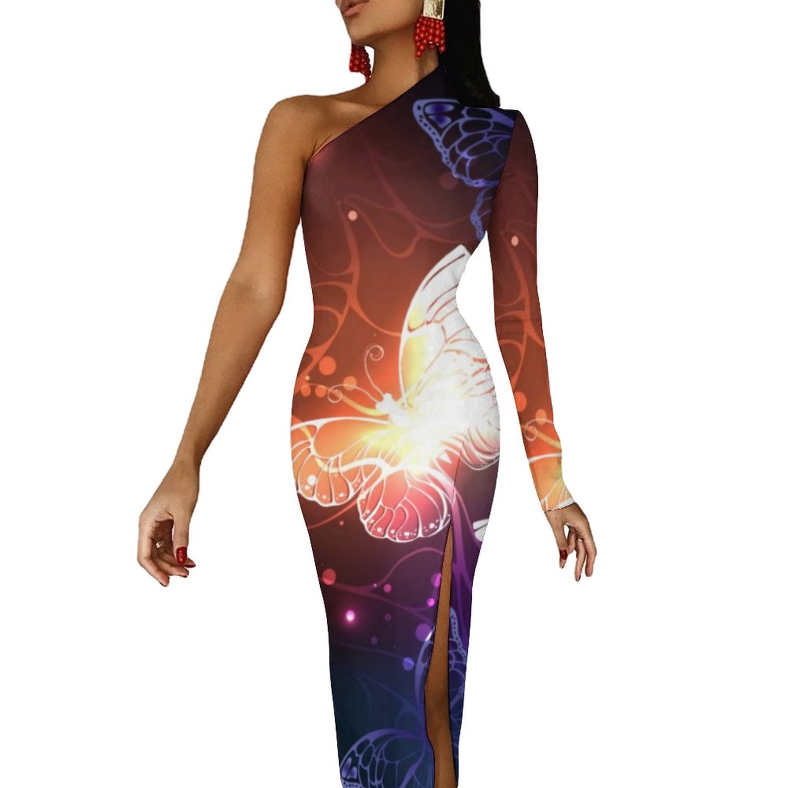 Colorful Butterfly Maxi Dress One Shoulder Flowers Print Party Bodycon ...