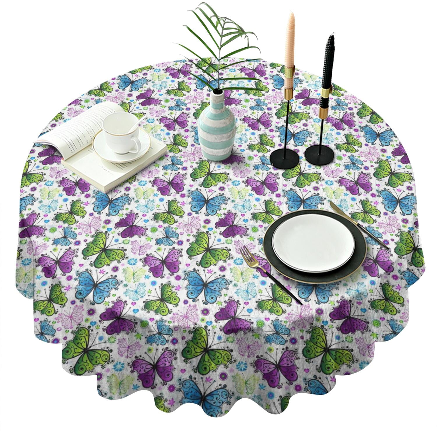 Colorful Butterfly Pattern Round Tablecloth 60"x60",Wrinkle Wipeable ...