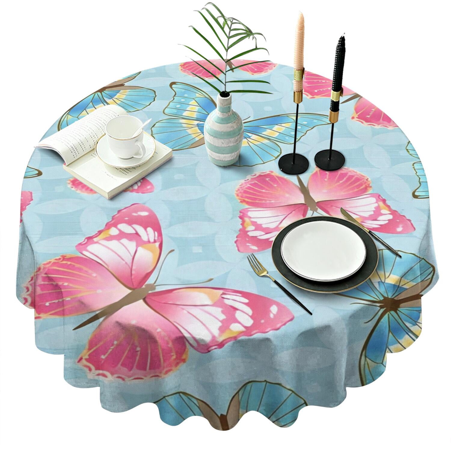 Colorful Butterfly Pattern Round Tablecloth 60"x60",Wrinkle Wipeable ...