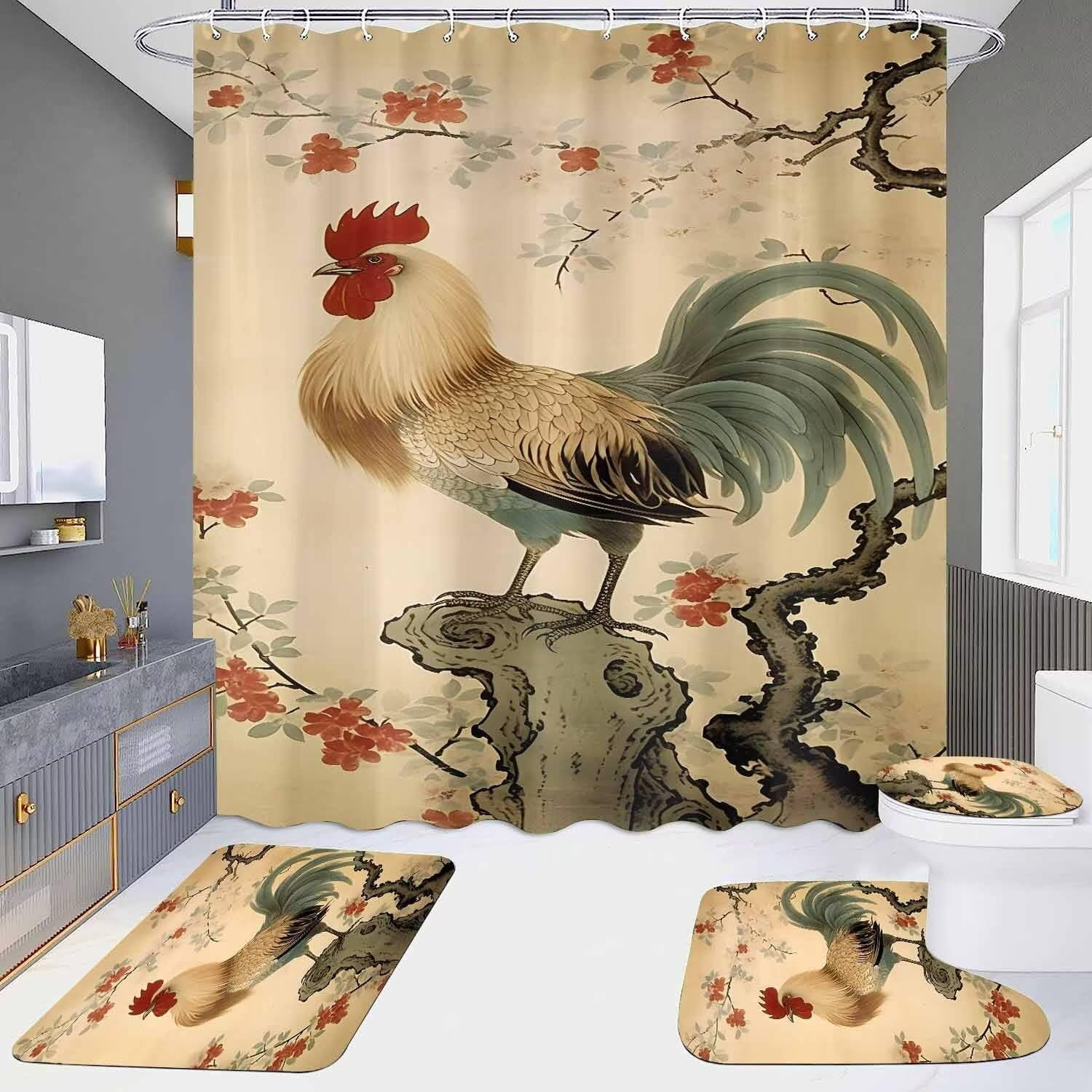 Colorful Butterfly Rooster Shower Curtain Set with Toilet Lid Cover Non ...