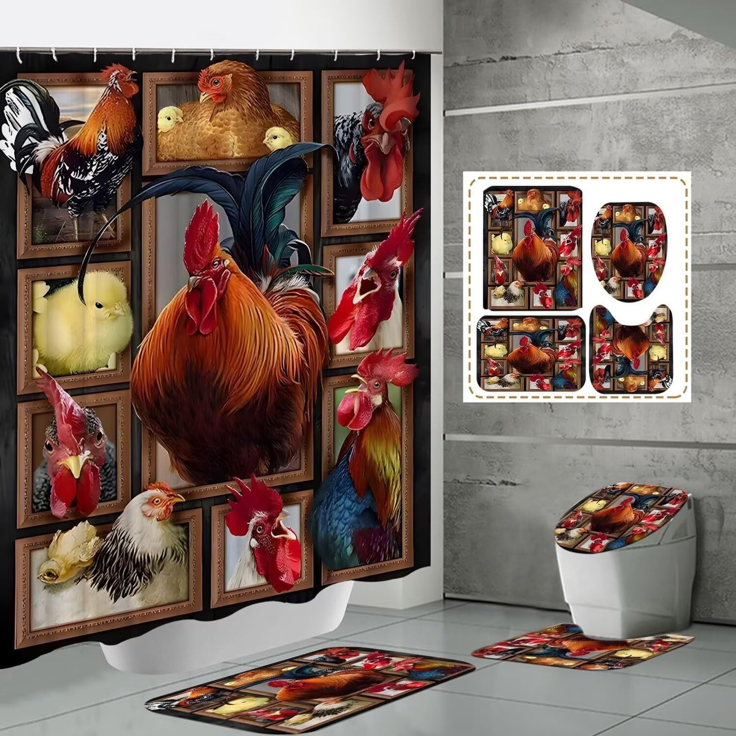 Colorful Butterfly Rooster Shower Curtain Set with Toilet Lid Cover Non ...