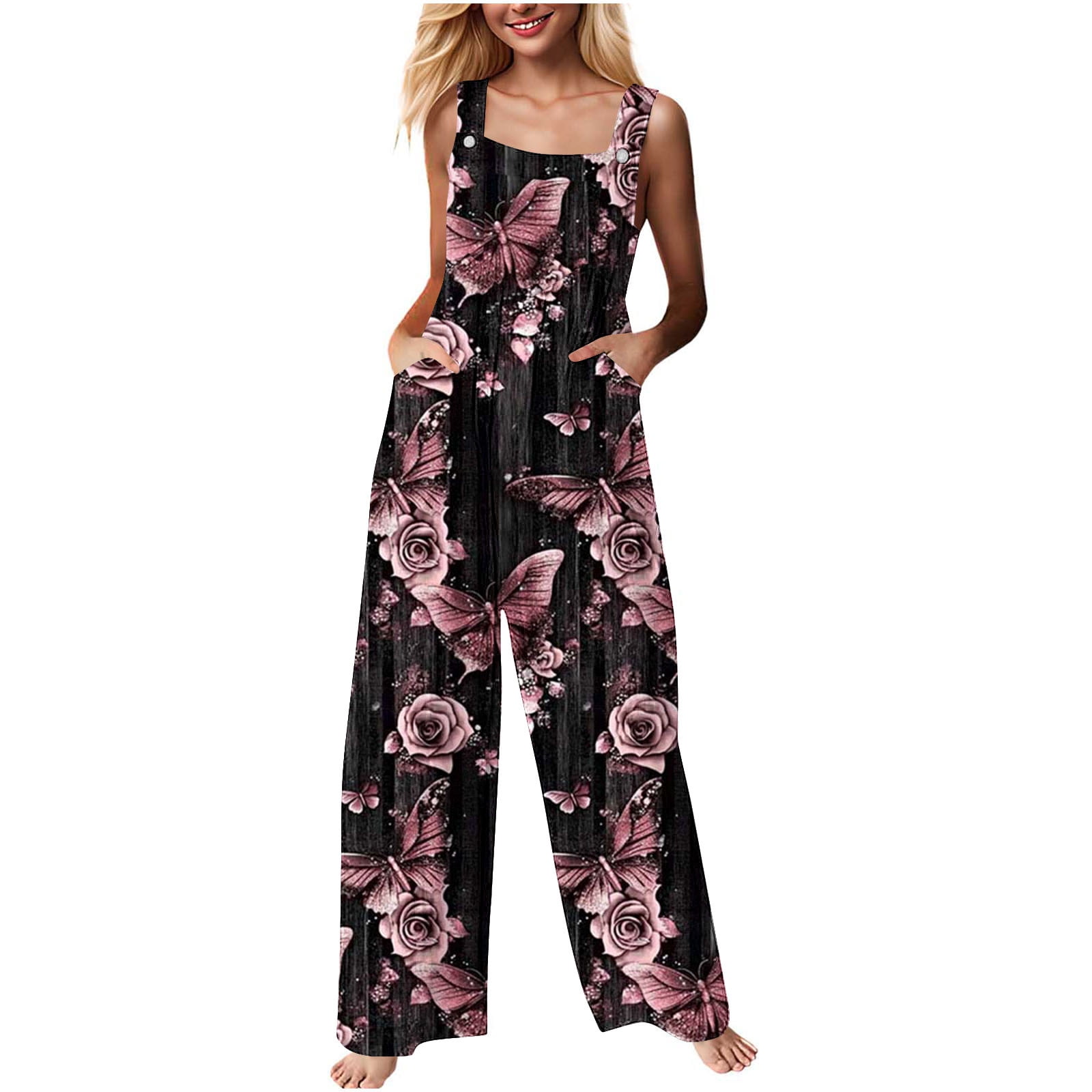 Colorful Butterfly Rose Flower Graphic Loose Fit Coveralls for Ladies ...