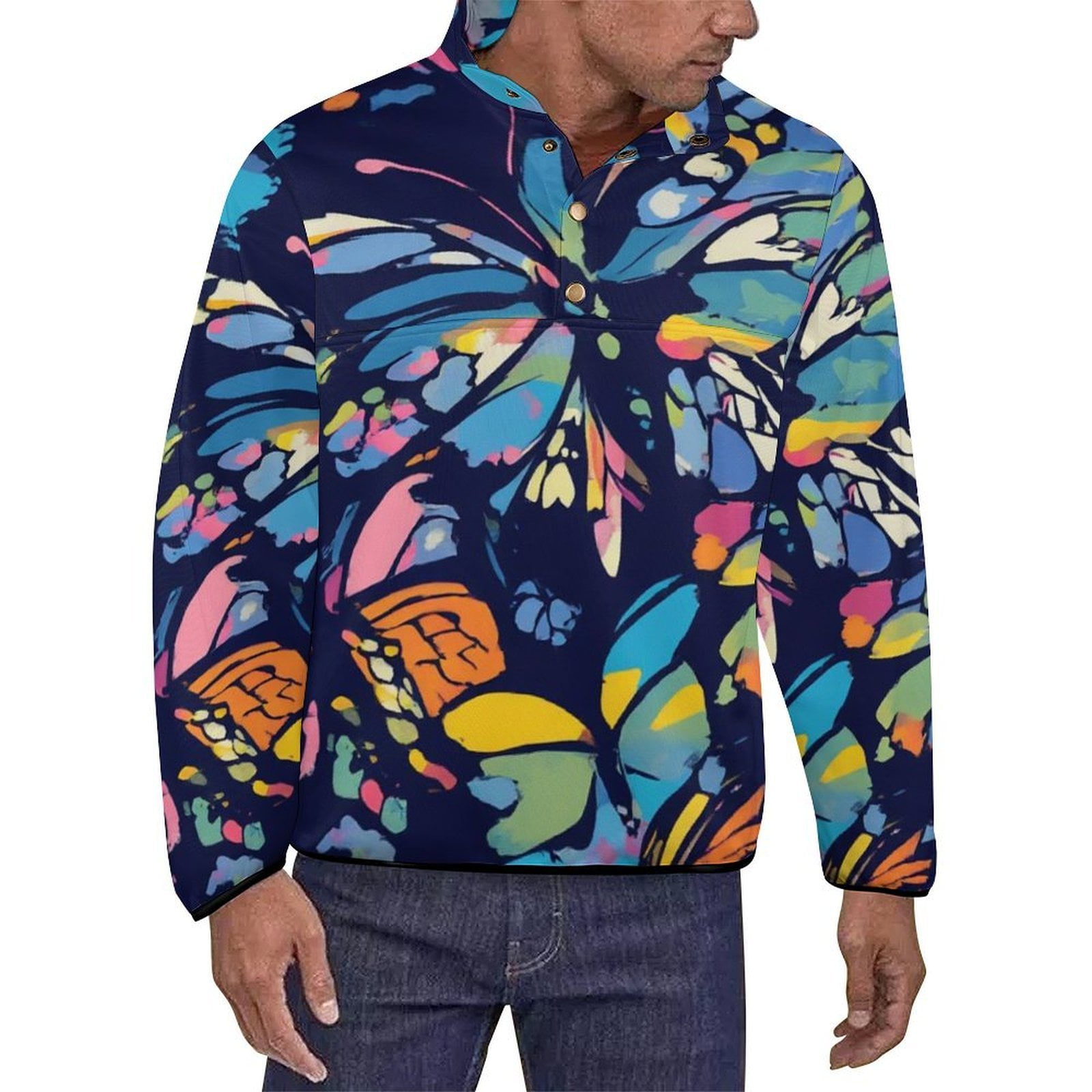 Colorful Butterfly Seamless Pattern Men's Stand Collar Sweater Long ...