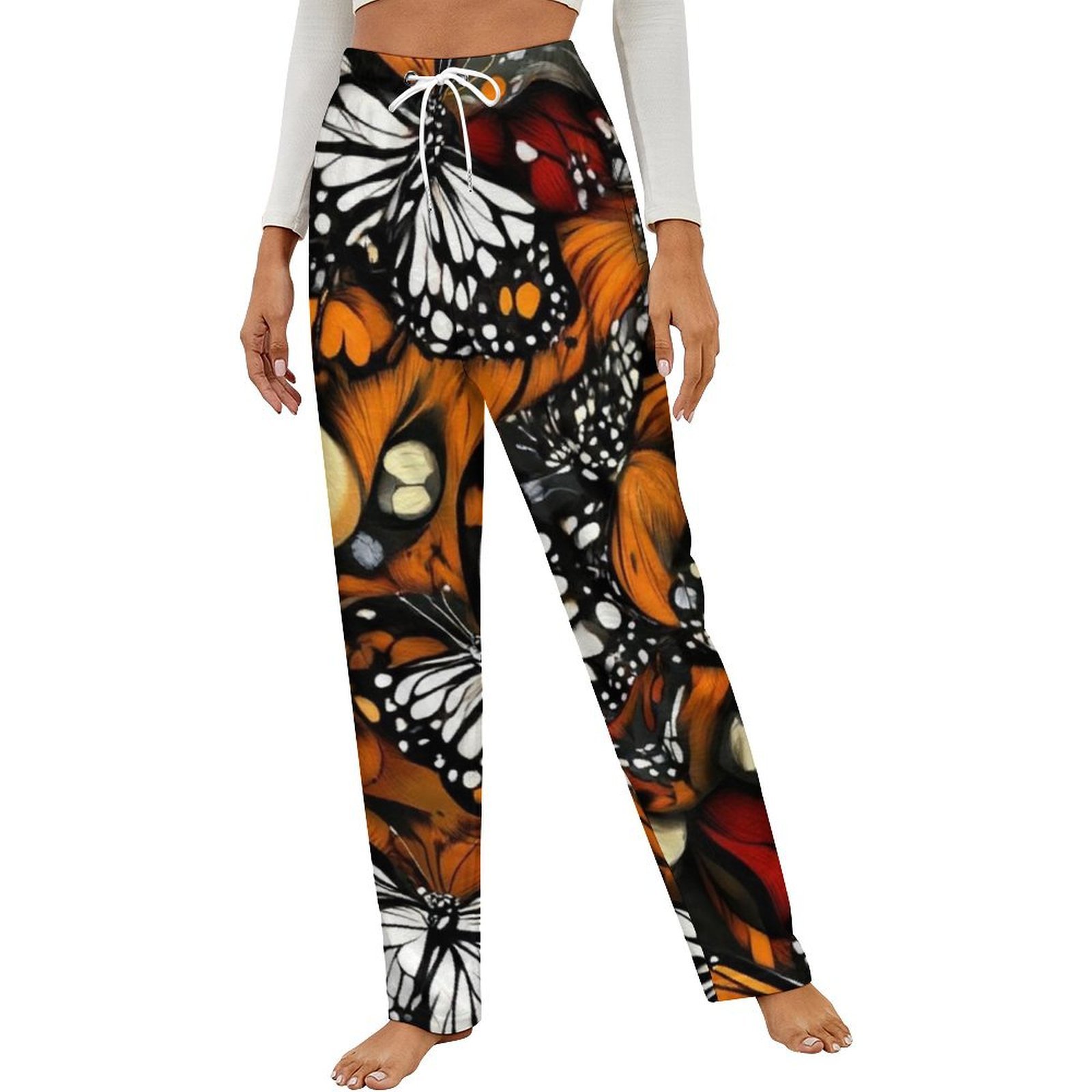 Colorful Butterfly Seamless Pattern Winter Female Pants Flannel High ...
