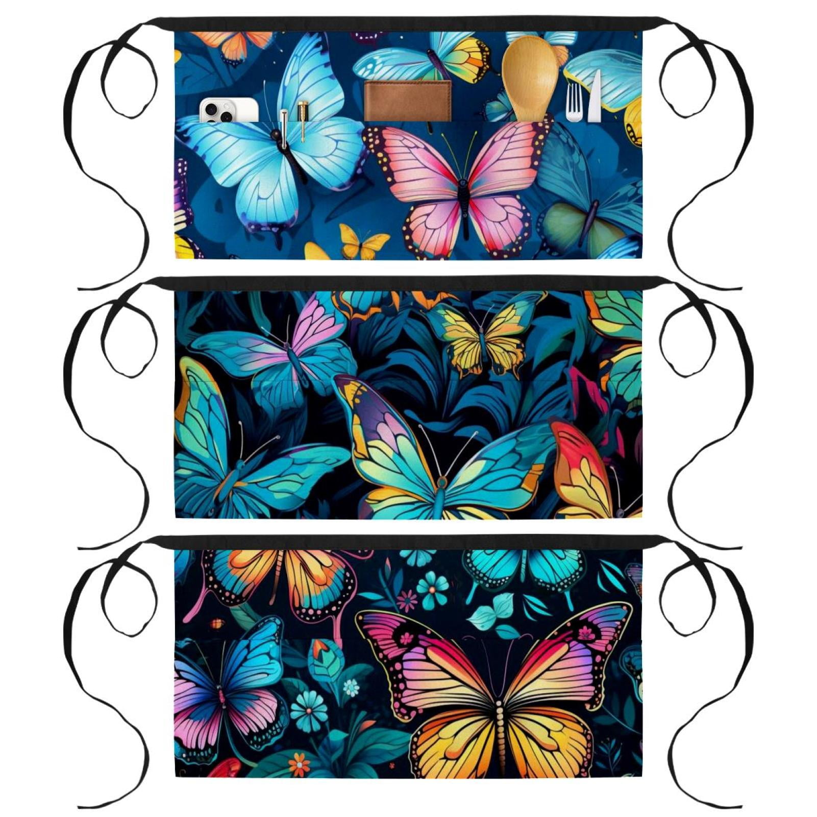 Colorful Butterfly Server Aprons 3 Pack Waitress Aprons Adjustable Belt ...