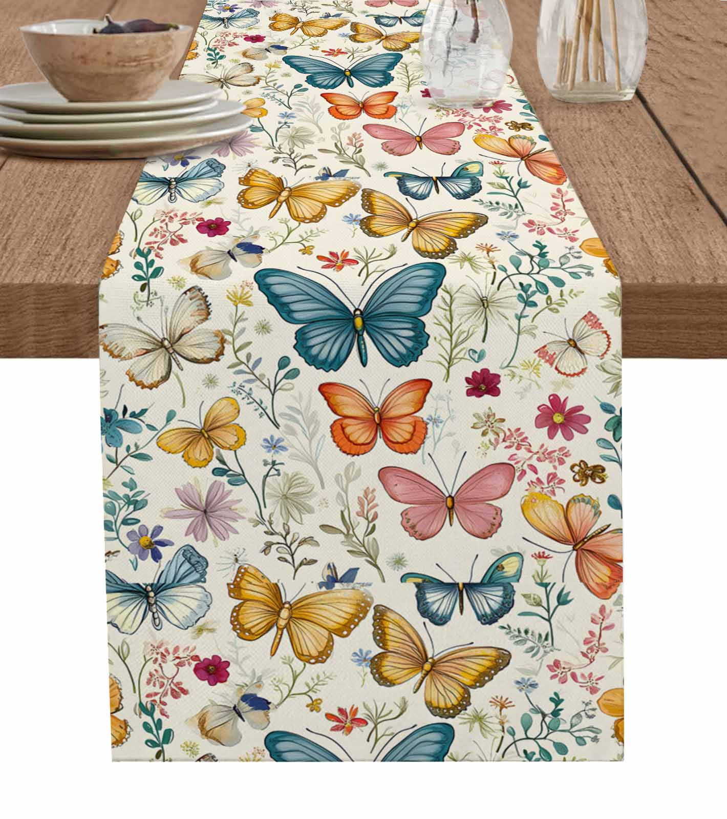 Colorful Butterfly Table Runner 72 Inches, Spring Botanical Farmhouse ...