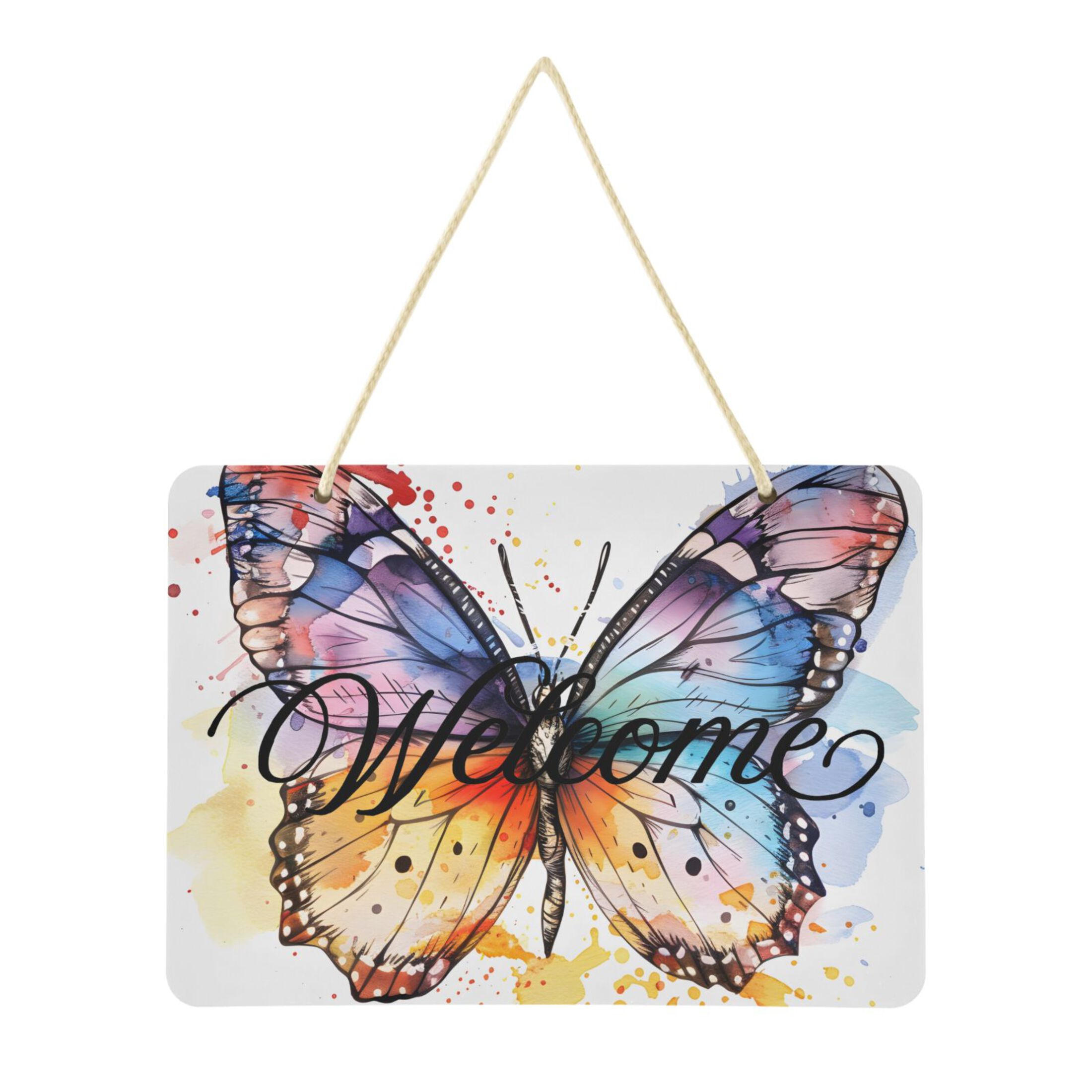 Colorful Butterfly Welcome Sign Front Door PVC 14x10 inch Hanger Hello ...