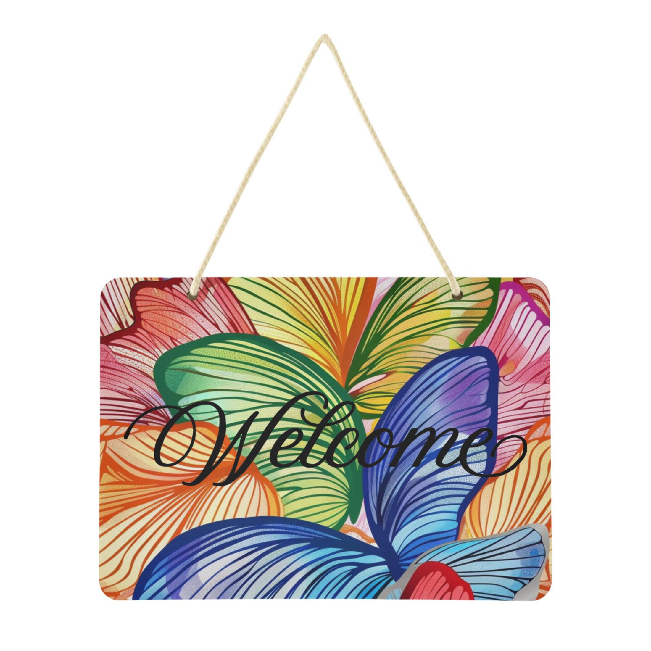 Colorful Butterfly Wings Welcome Sign Front Door PVC 14x10 inch Hanger ...