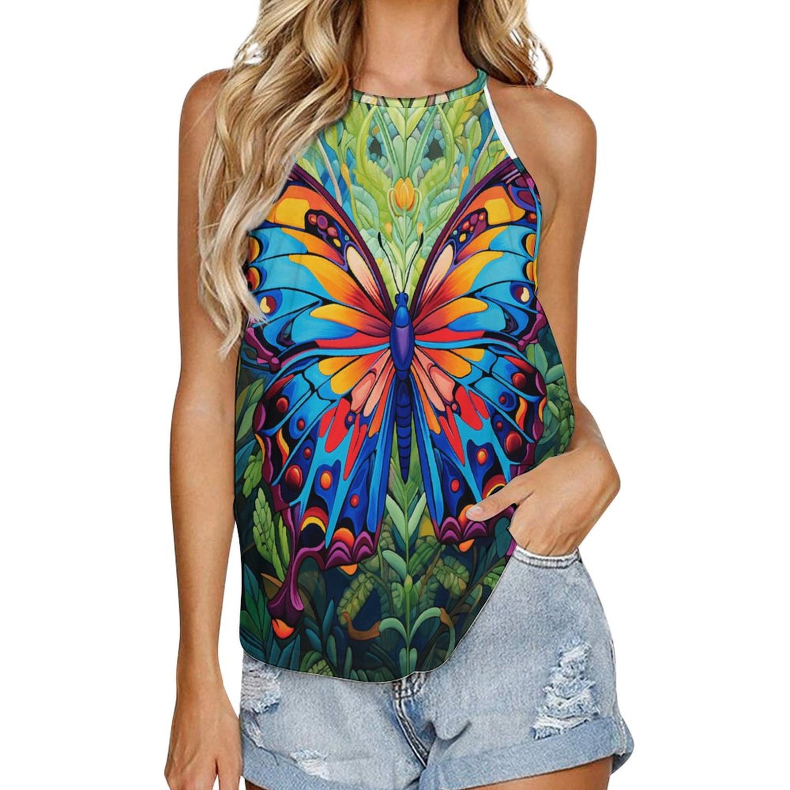 Colorful Butterfly Women's Vest with Round Holes Loose Casual Summer ...