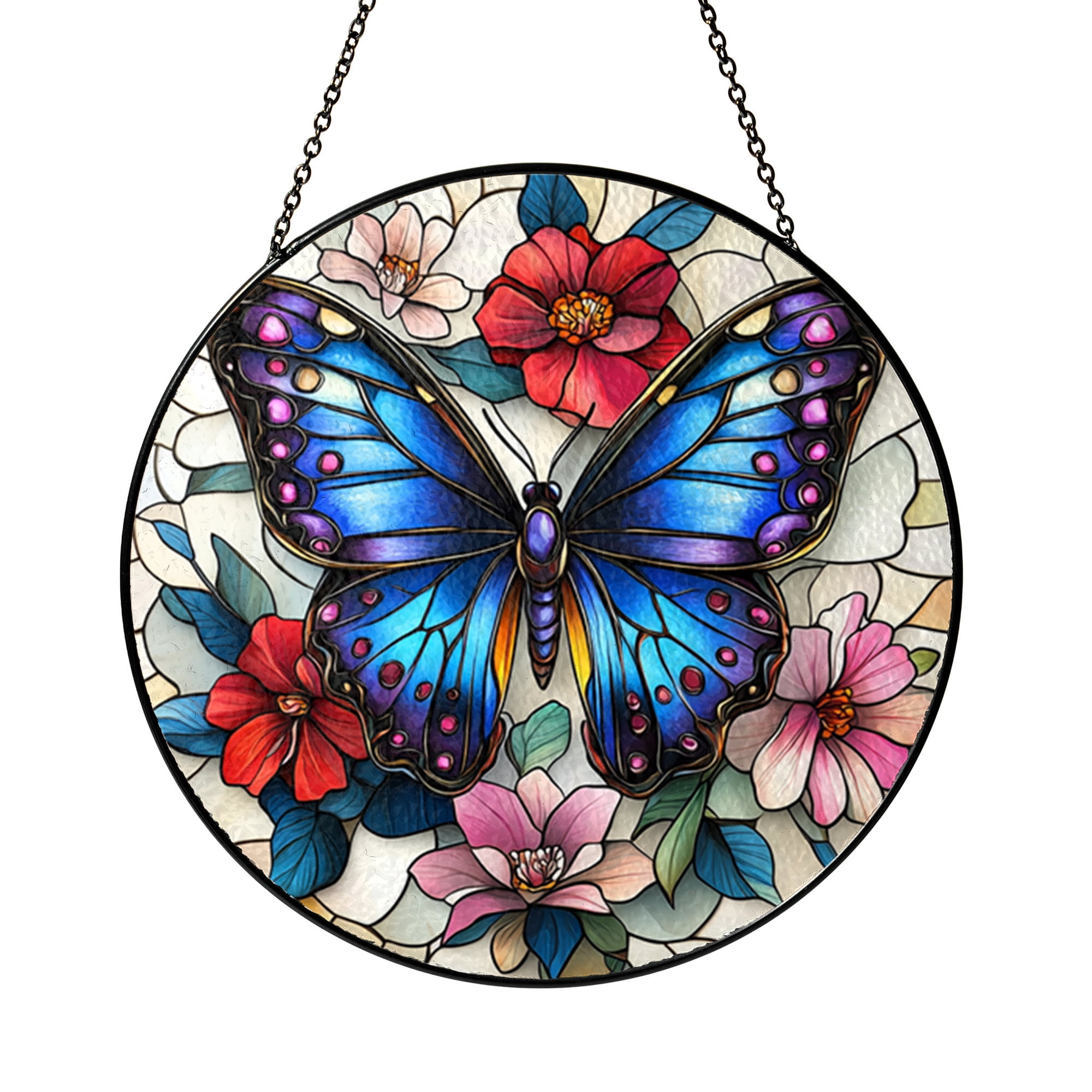 Colorful Butterfly and Flower Stained Glass Suncatcher Round Window ...