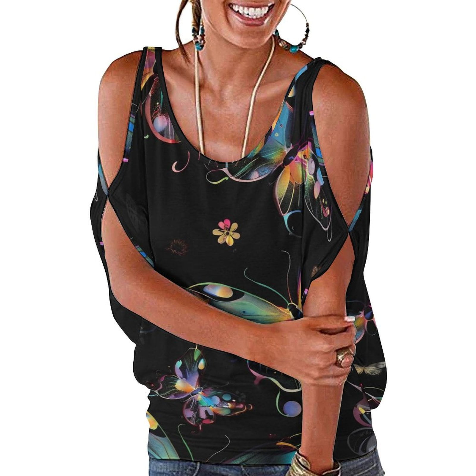 Colorful Butterfly with Glittering Wings Casual Womens Summer Off The ...