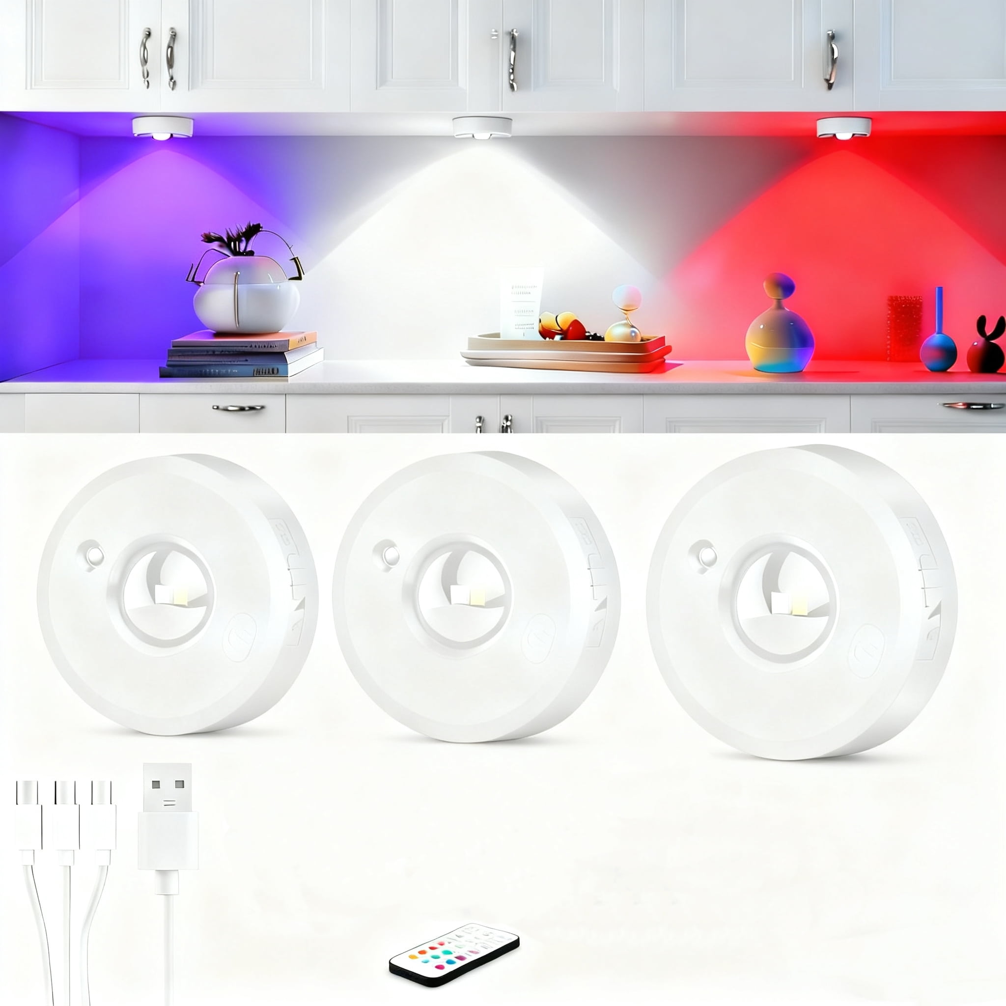 NEWJOEY 3 Pack Rechargeable LED Puck Lights with Remote, RGB Wireless ...