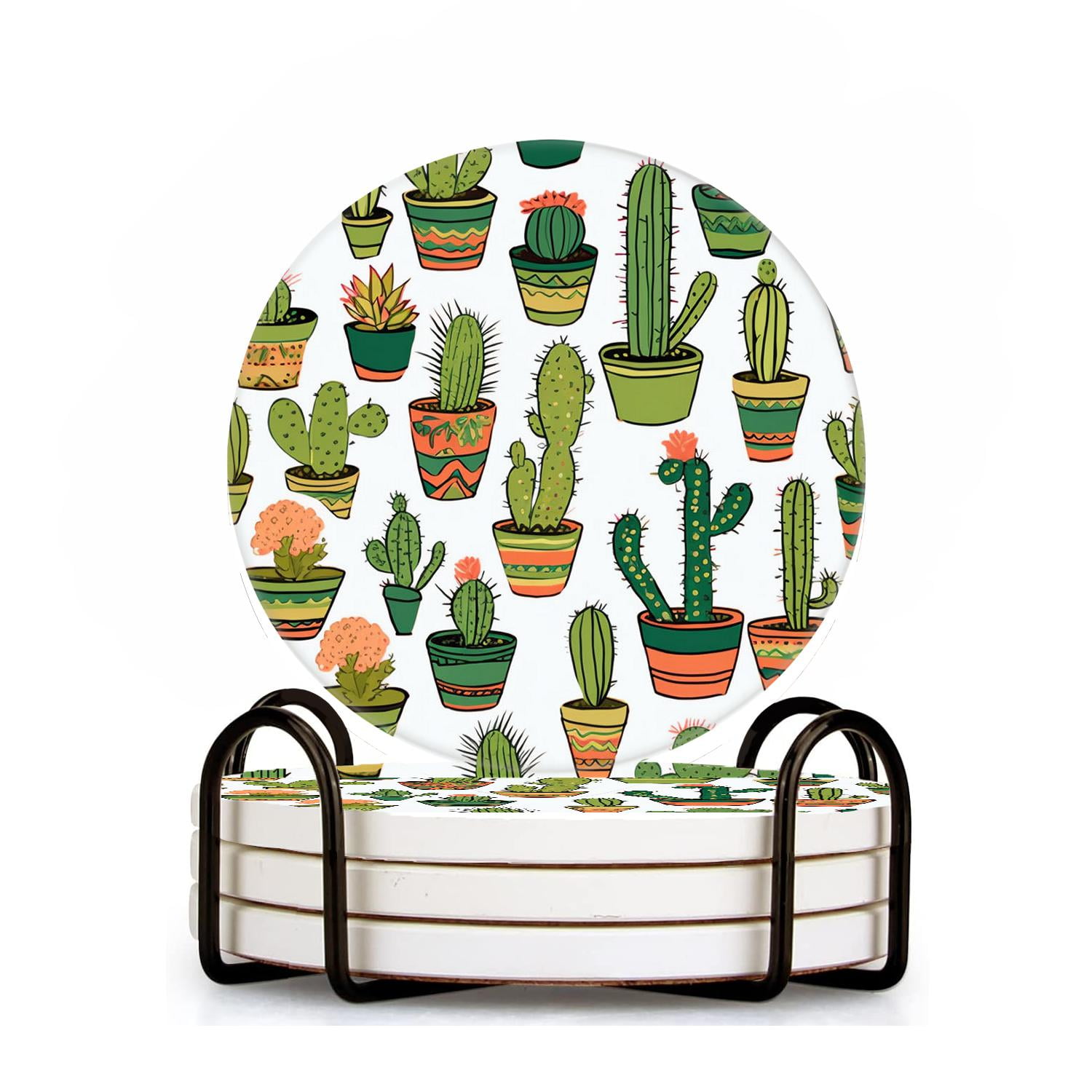 Colorful Cactus Lovely Drink Coasters with Holder,Non-Slip Coasters Set ...