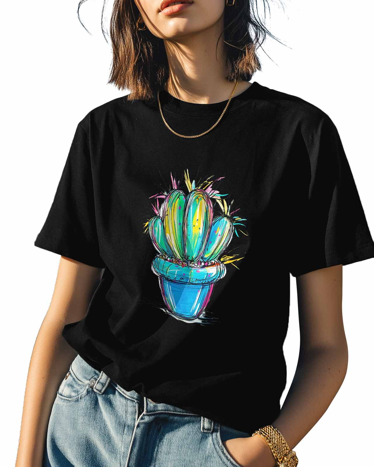 Colorful Cactus Tropical T Shirts for Women, Short Sleeve Casual Summer ...
