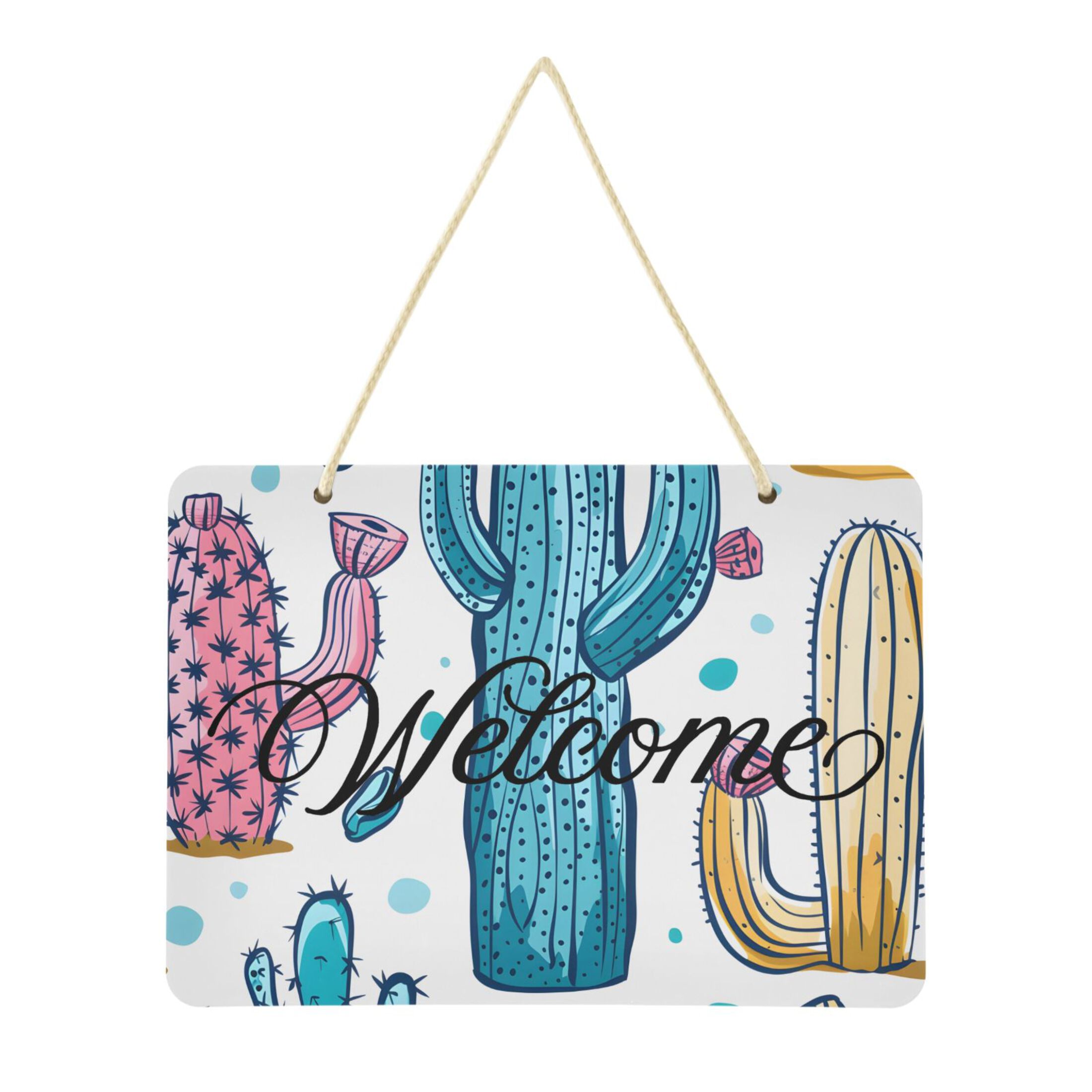 Colorful Cactus Welcome Sign Front Door PVC 14x10 inch Hanger Hello ...