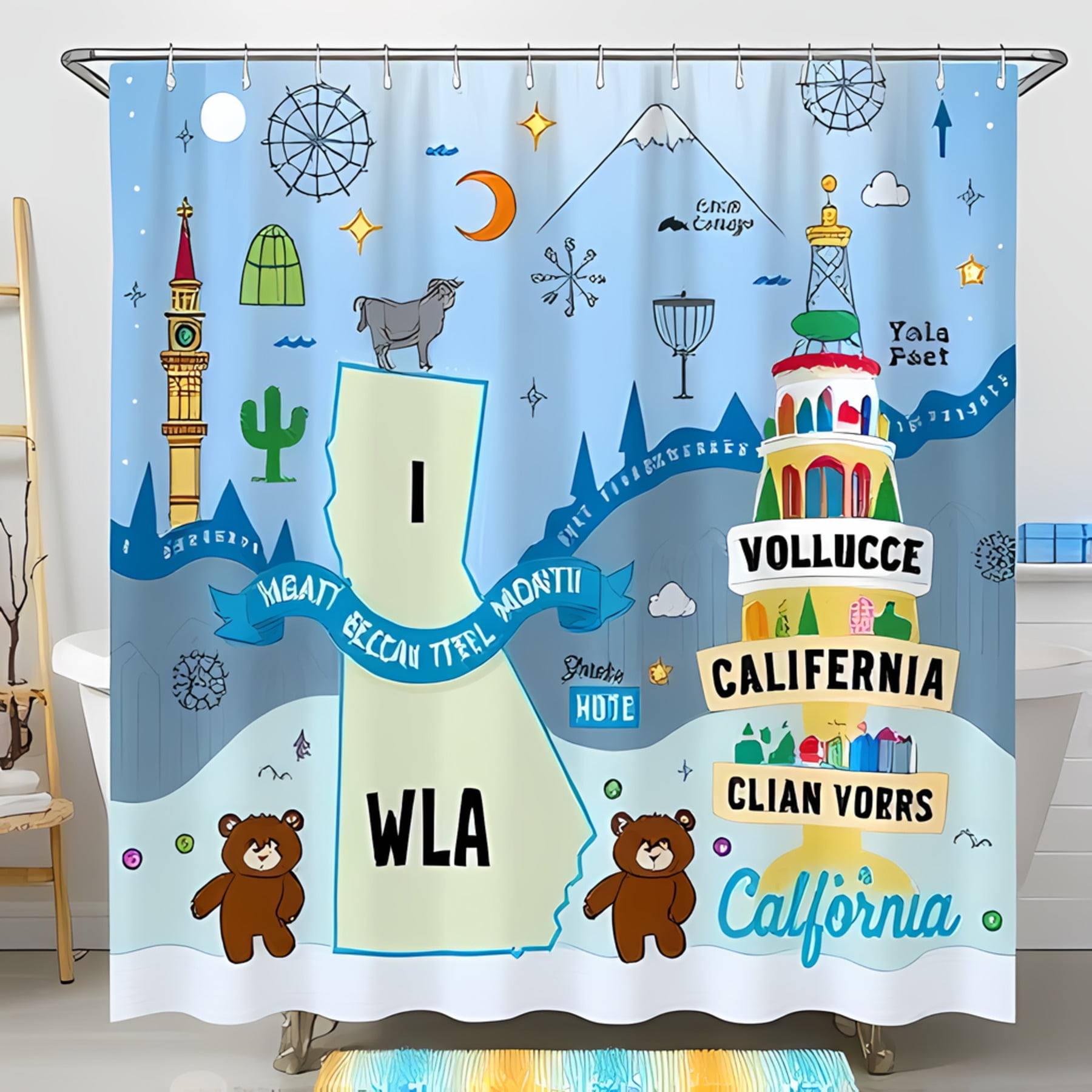 Colorful California Map Shower Curtain with Whimsical Landmarks Stars ...