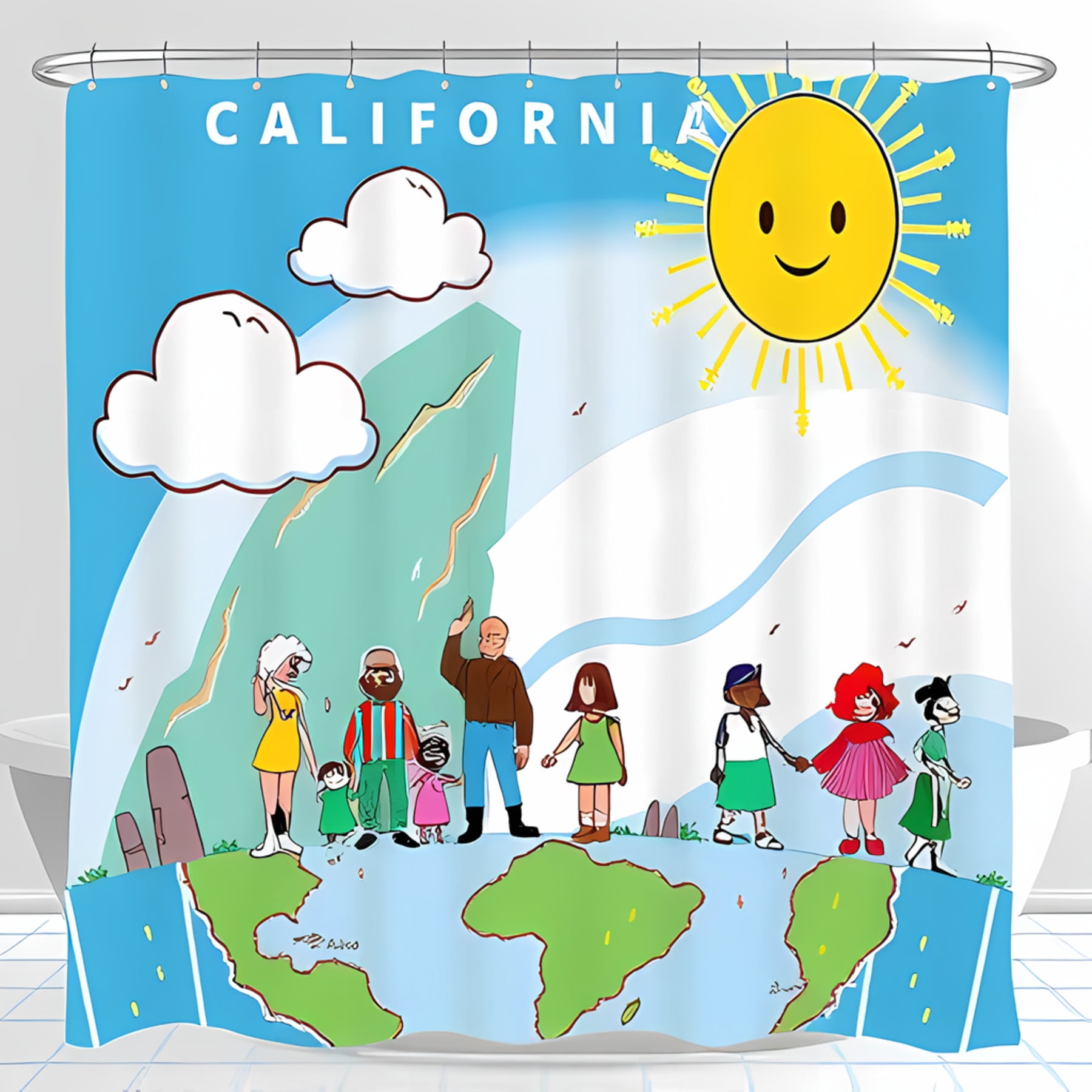 Colorful California Shower Curtain with Cheerful Sun Diverse People on ...