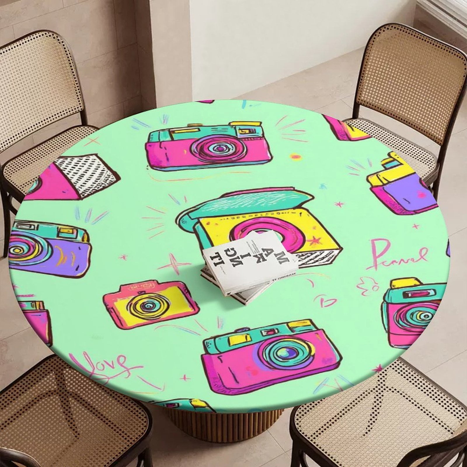 Colorful Camera Pattern Print Round Table Cover Kitchen Printed ...