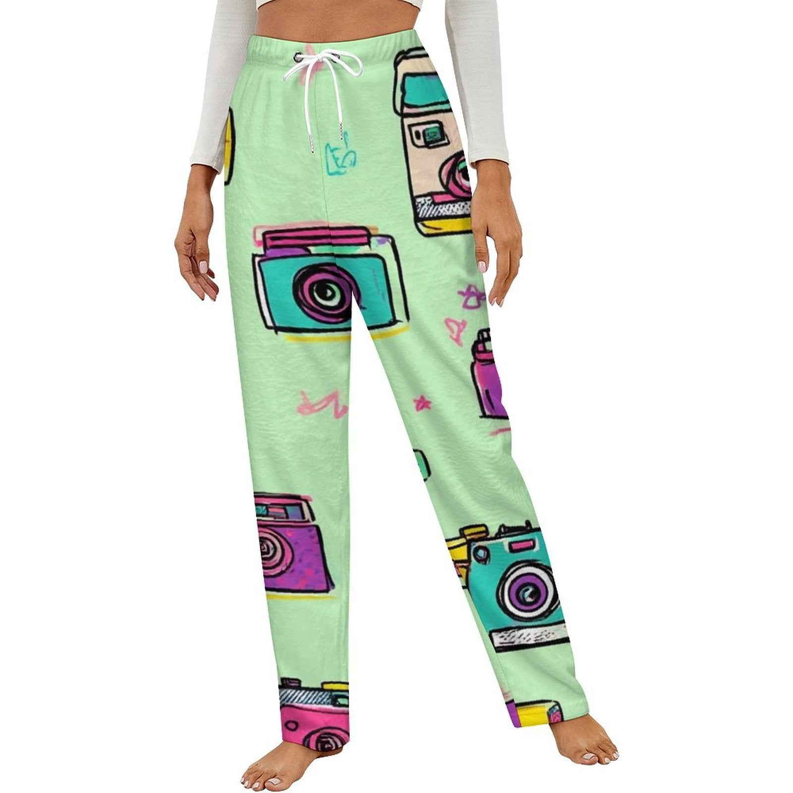Colorful Camera Pattern Print Winter Female Pants Flannel High Waist ...