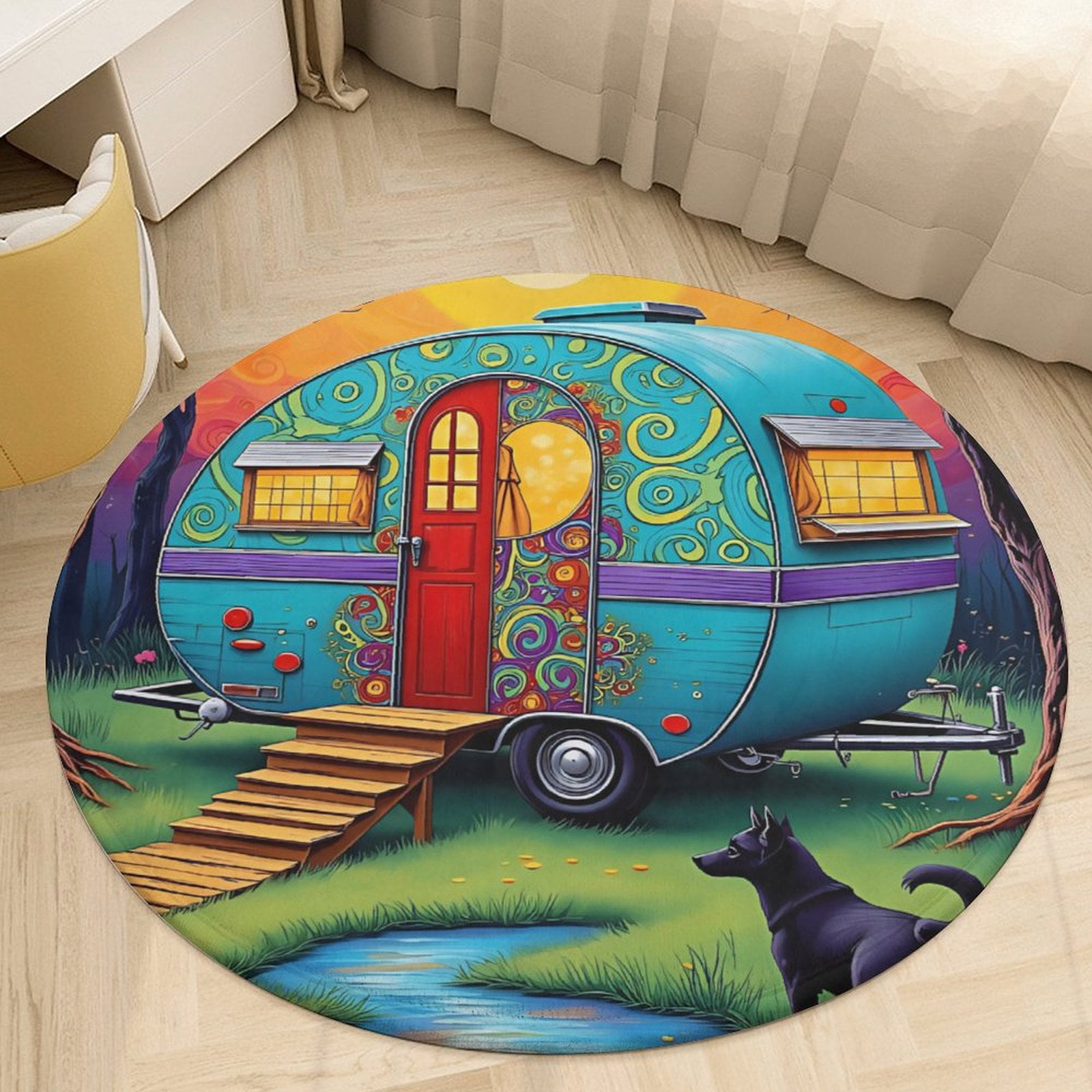 Colorful Camper Trailer Round Area Rugs for Bedroom Living Room, 4FT ...