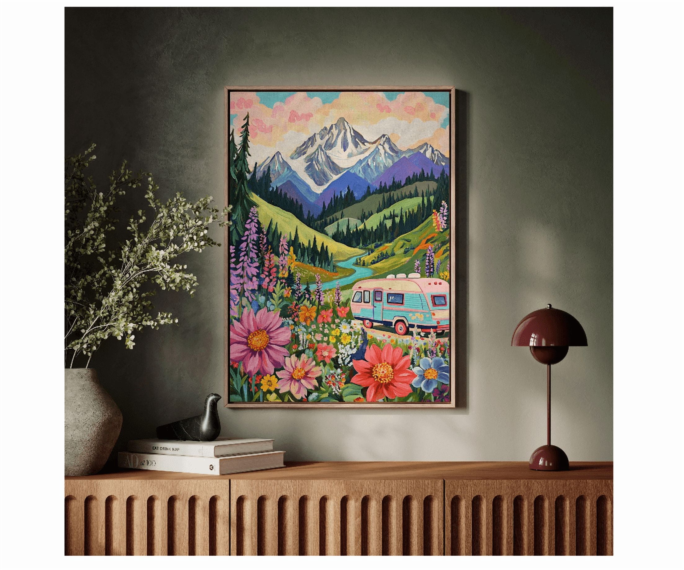 Colorful Camper Van In Mountain Meadow Vibrant Wildflower Landscape Art ...