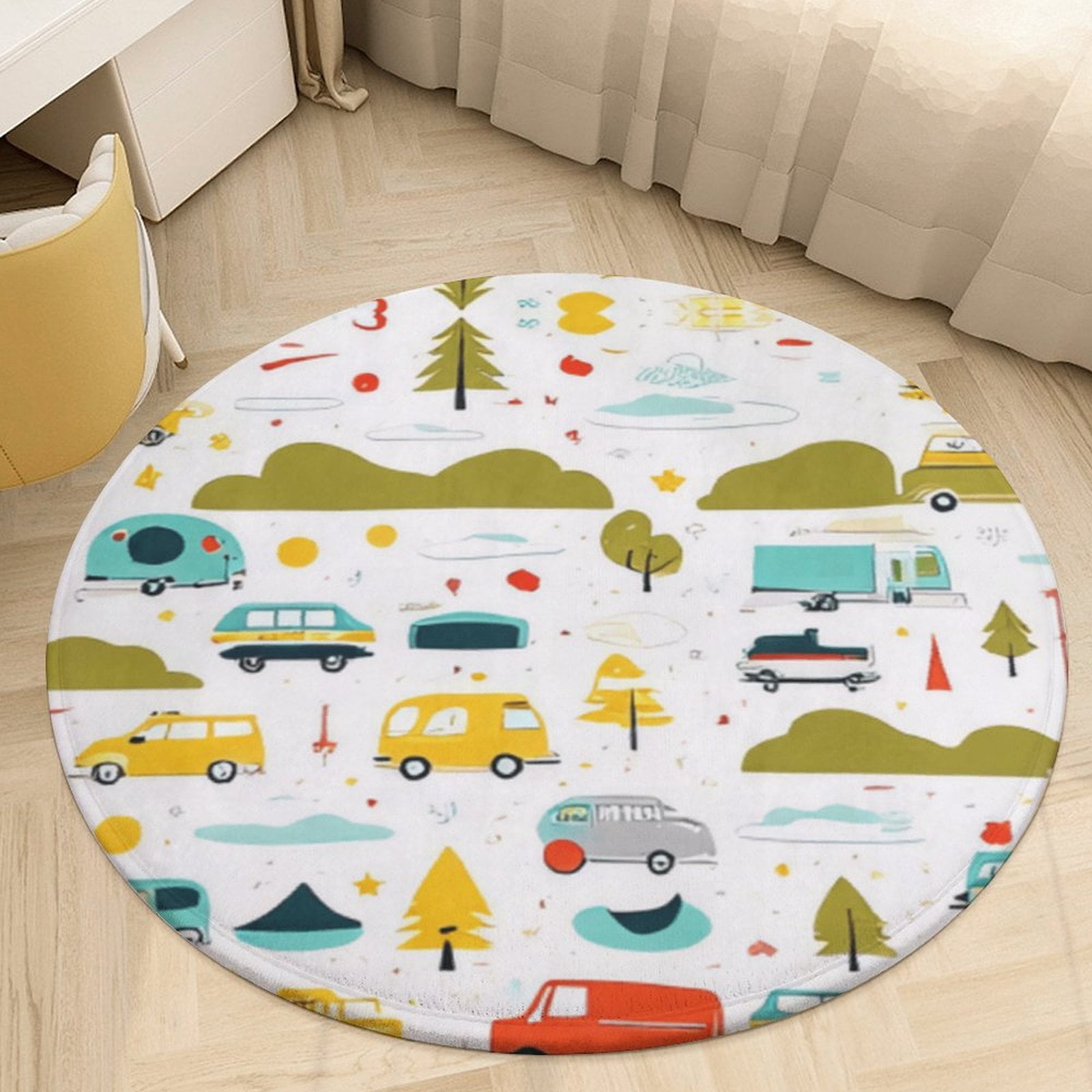 Colorful Camping Vehicles Pattern Round Area Rugs for Bedroom Living ...