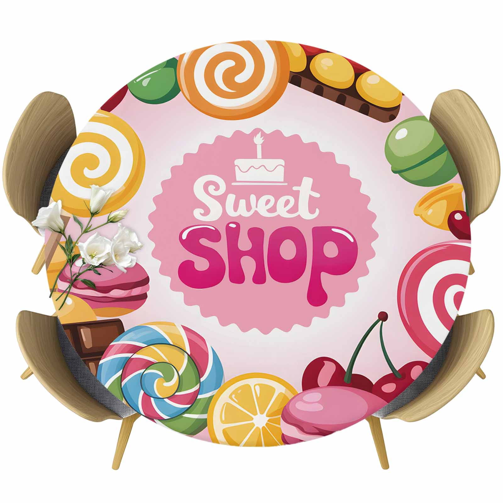 Colorful Candy Round Fitted Tablecloth with Elastic Edge, Cake Sweet ...