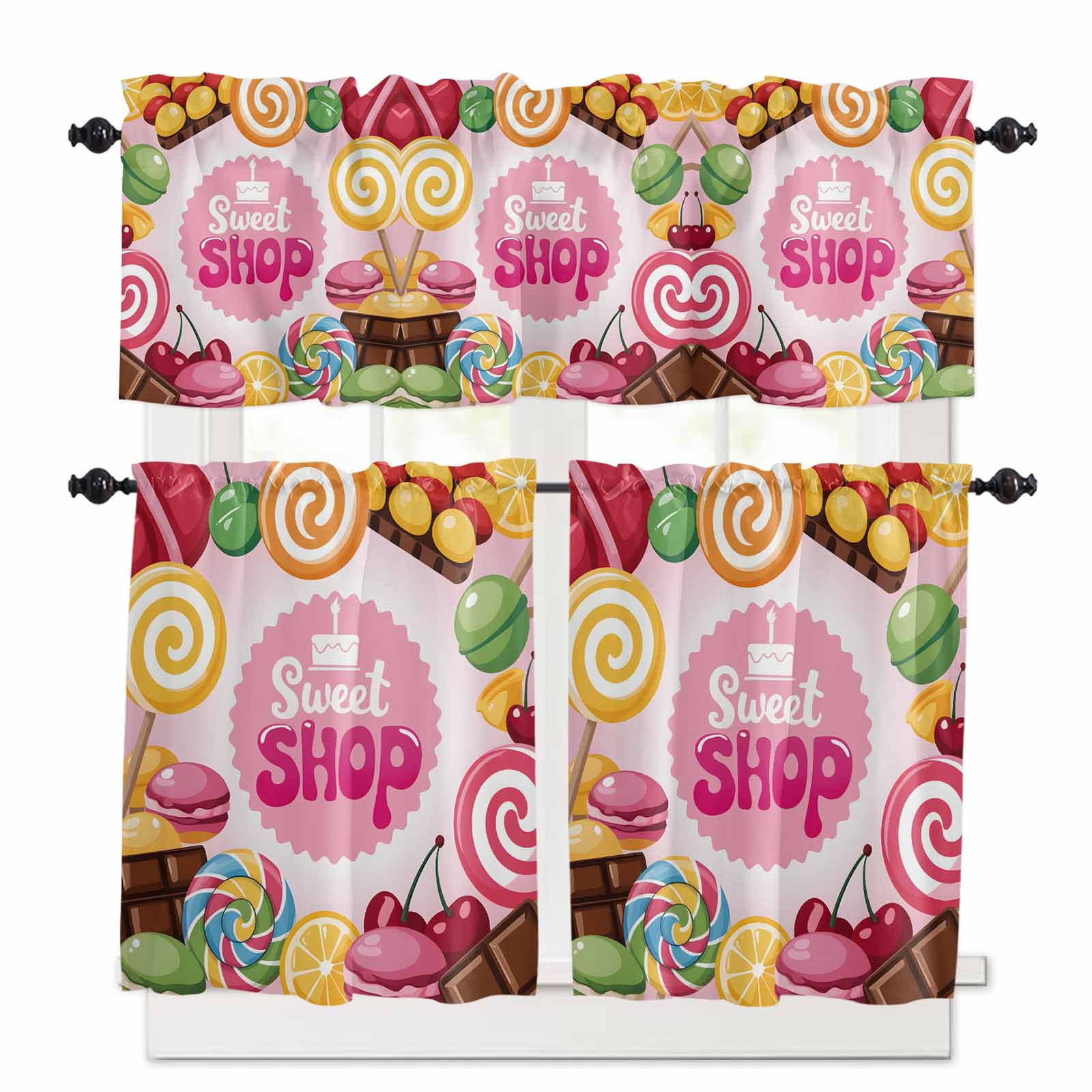 Colorful Candy Window Curtains Valance Set of 3 Cake Sweet Shop ...