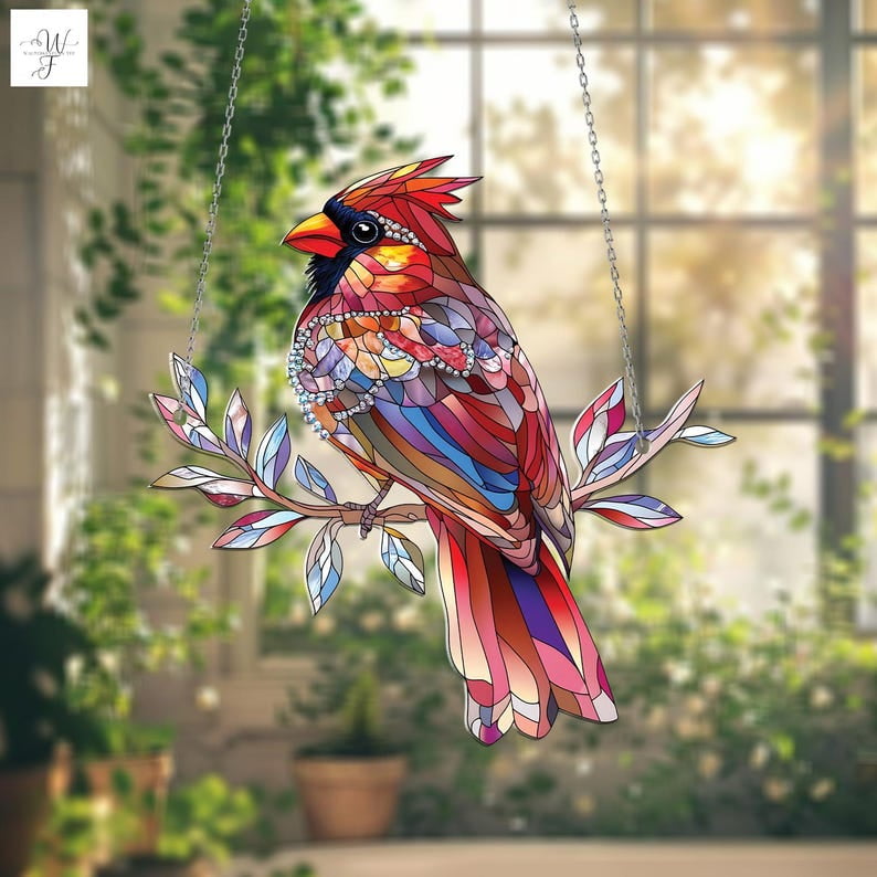 Colorful Cardinal Bird Acrylic Window Hanging, Boho Suncatcher, Vibrant ...
