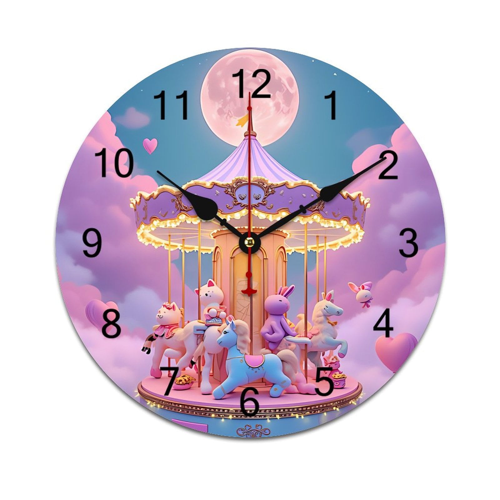 Colorful Carousel Printed Silent Wall Clock Round Kitchen Clock Chic ...