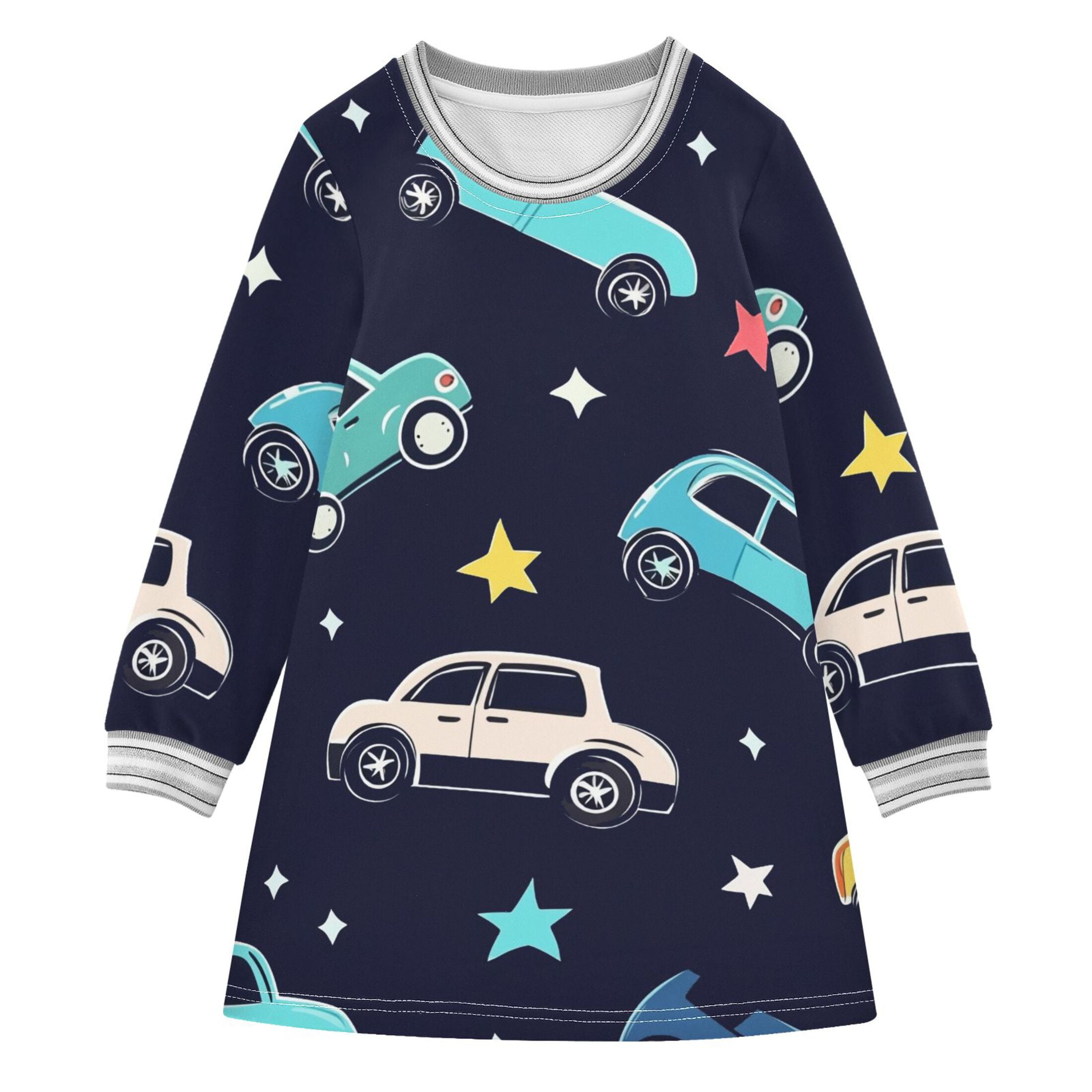 Colorful Cars Stars Cartoon Long-sleeved Dress A-line One-Piece Dress ...