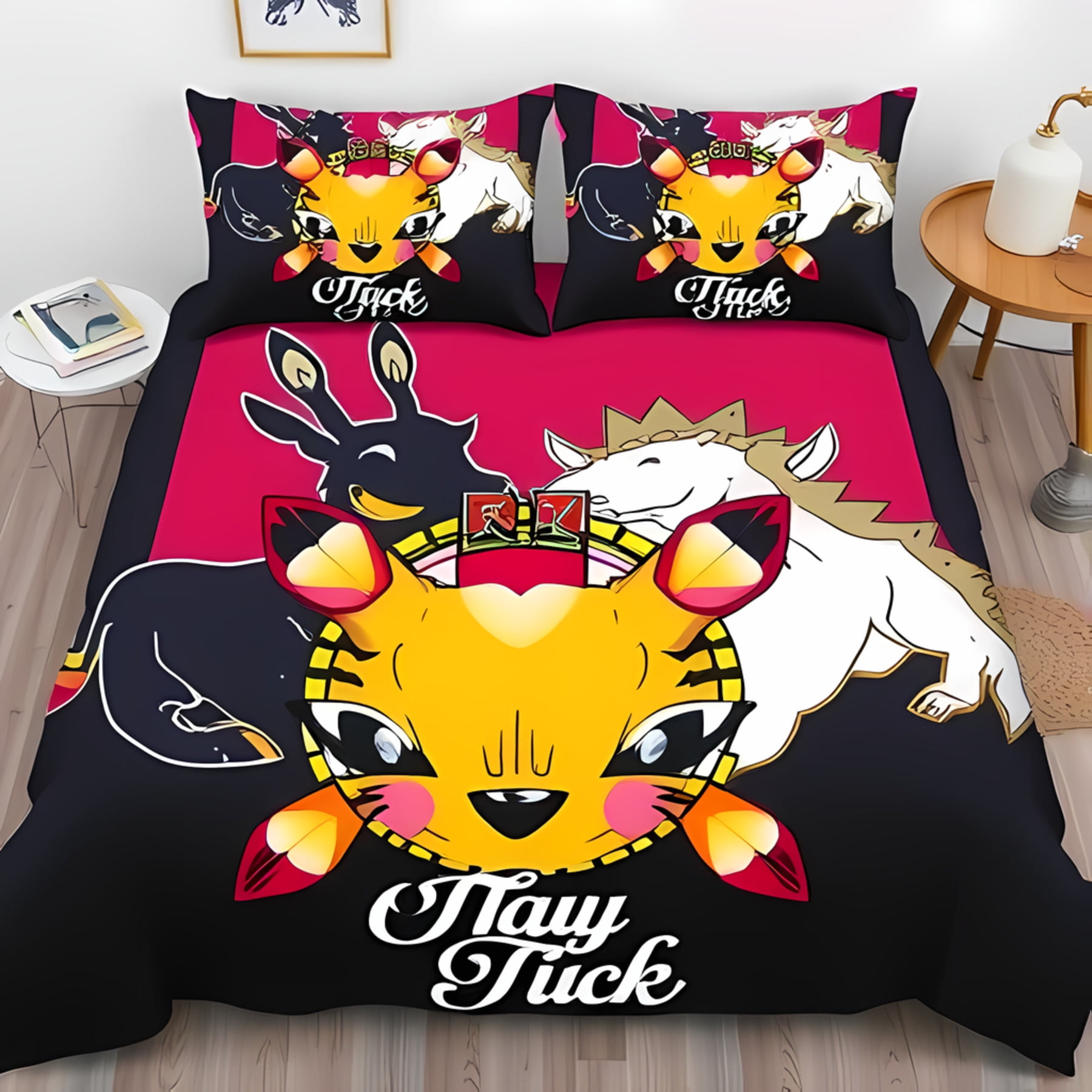 Colorful Cartoon Animal Duvet Cover Set - 3-Piece Bedding with Stylized Yellow Character Black ...