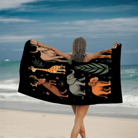 Colorful Cartoon Animal Pattern Beach Towel - Featuring Deer Giraffe ...