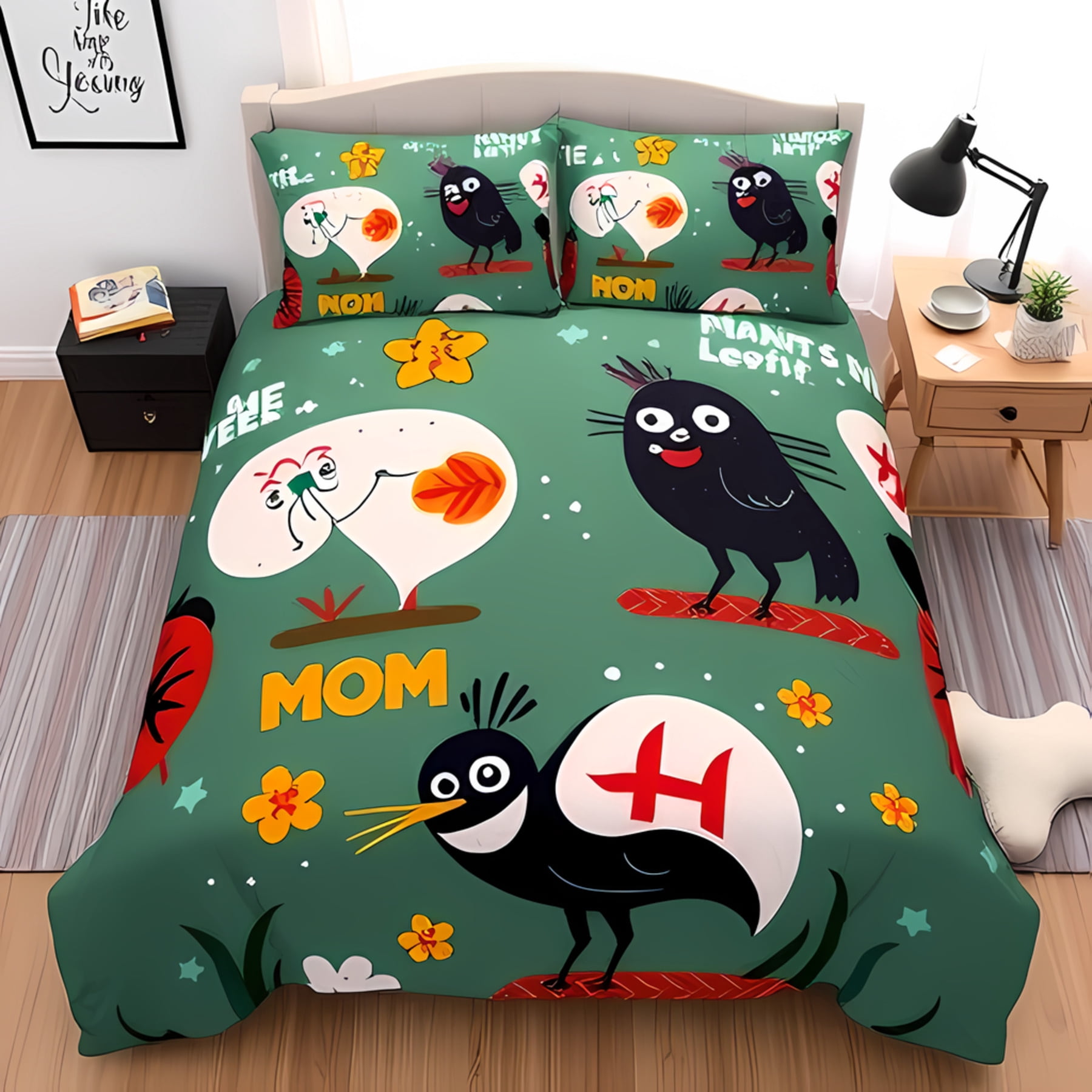 Colorful Cartoon Birds & Flowers 3-Piece Duvet Cover Set - Green ...