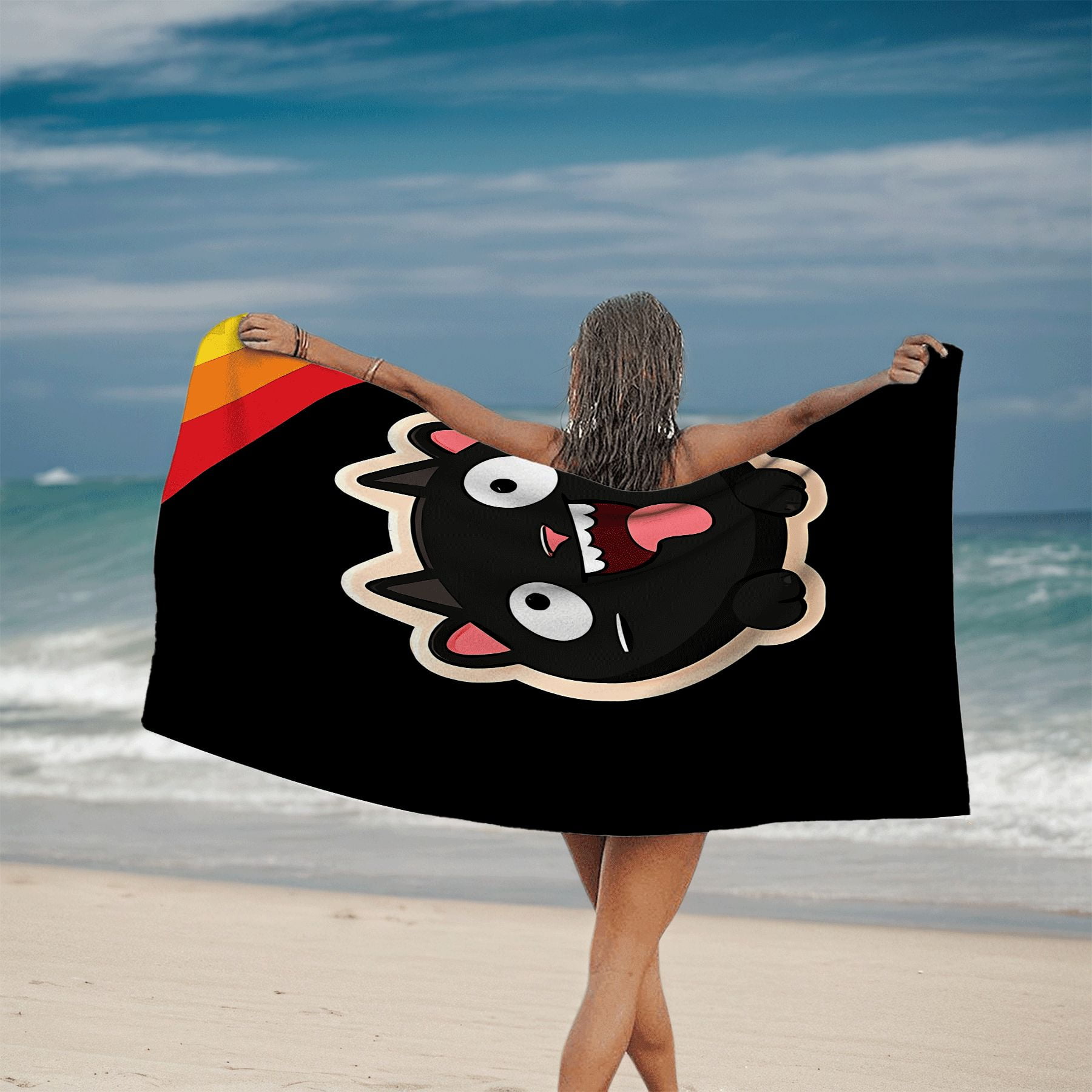 Colorful Cartoon Black Cat Beach Towel - Playful Design with Rainbow ...