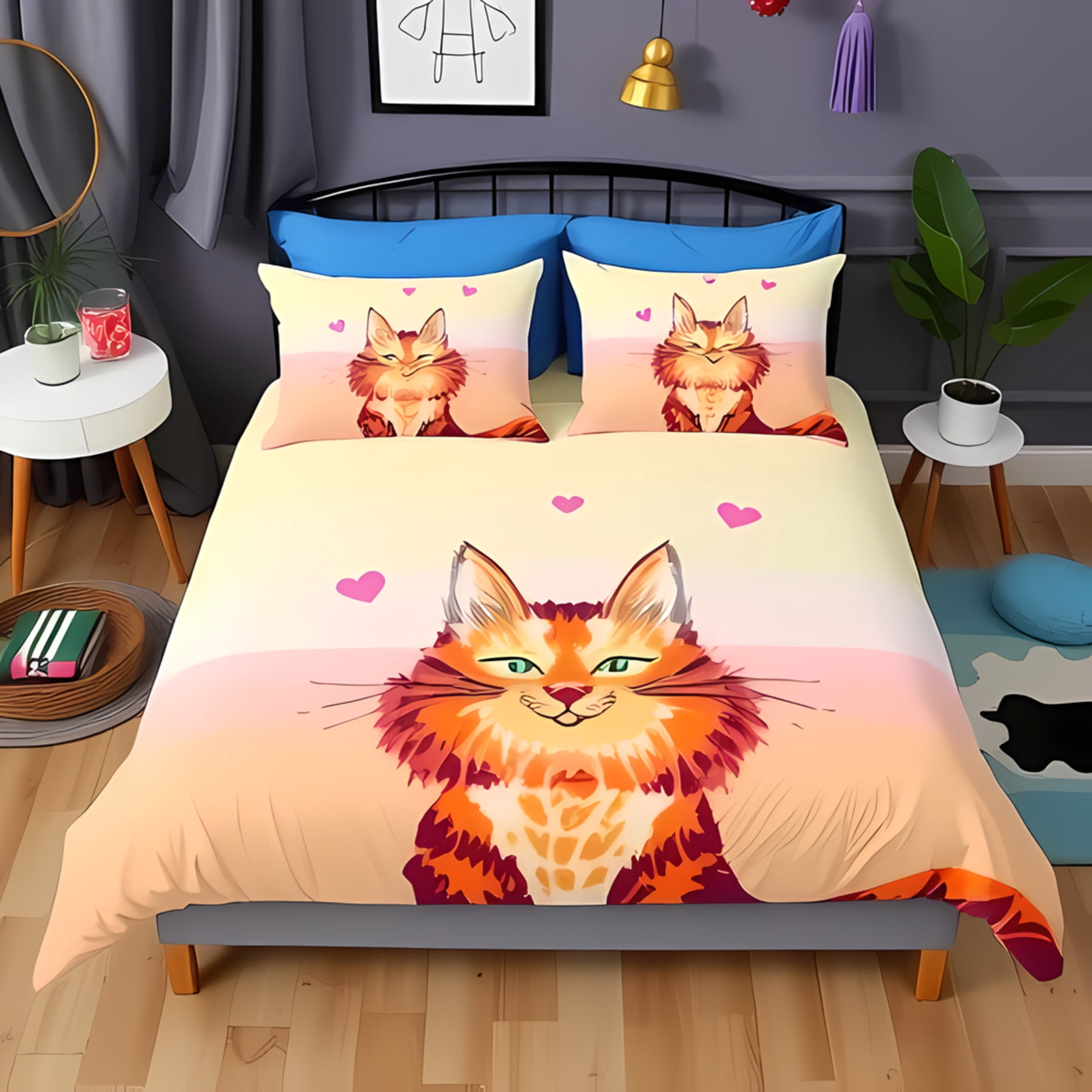 Colorful Cartoon Cat 3-Piece Duvet Cover Set - Fun & Playful Bedding ...