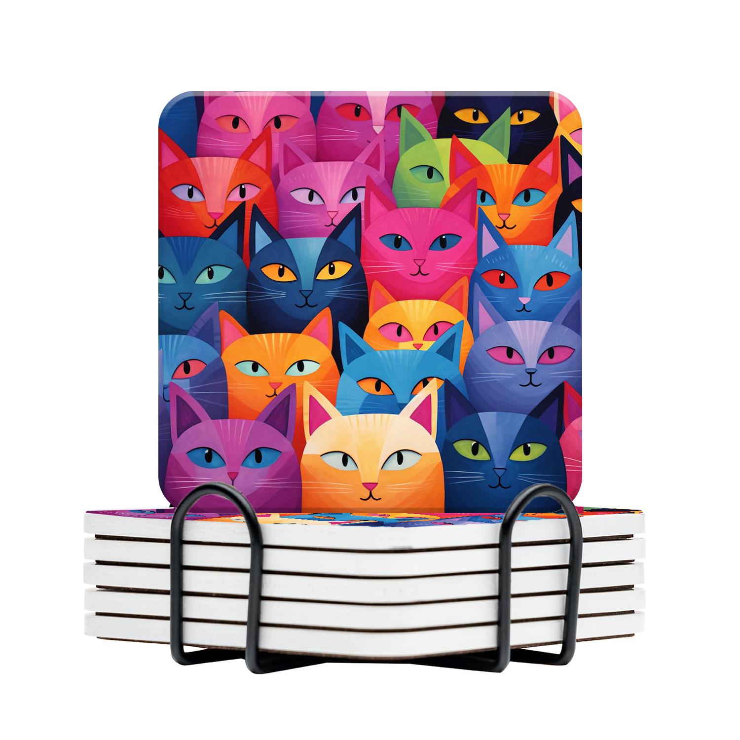 Colorful Cartoon Cat Animal Print Exquisite Drink Coasters with Holder ...