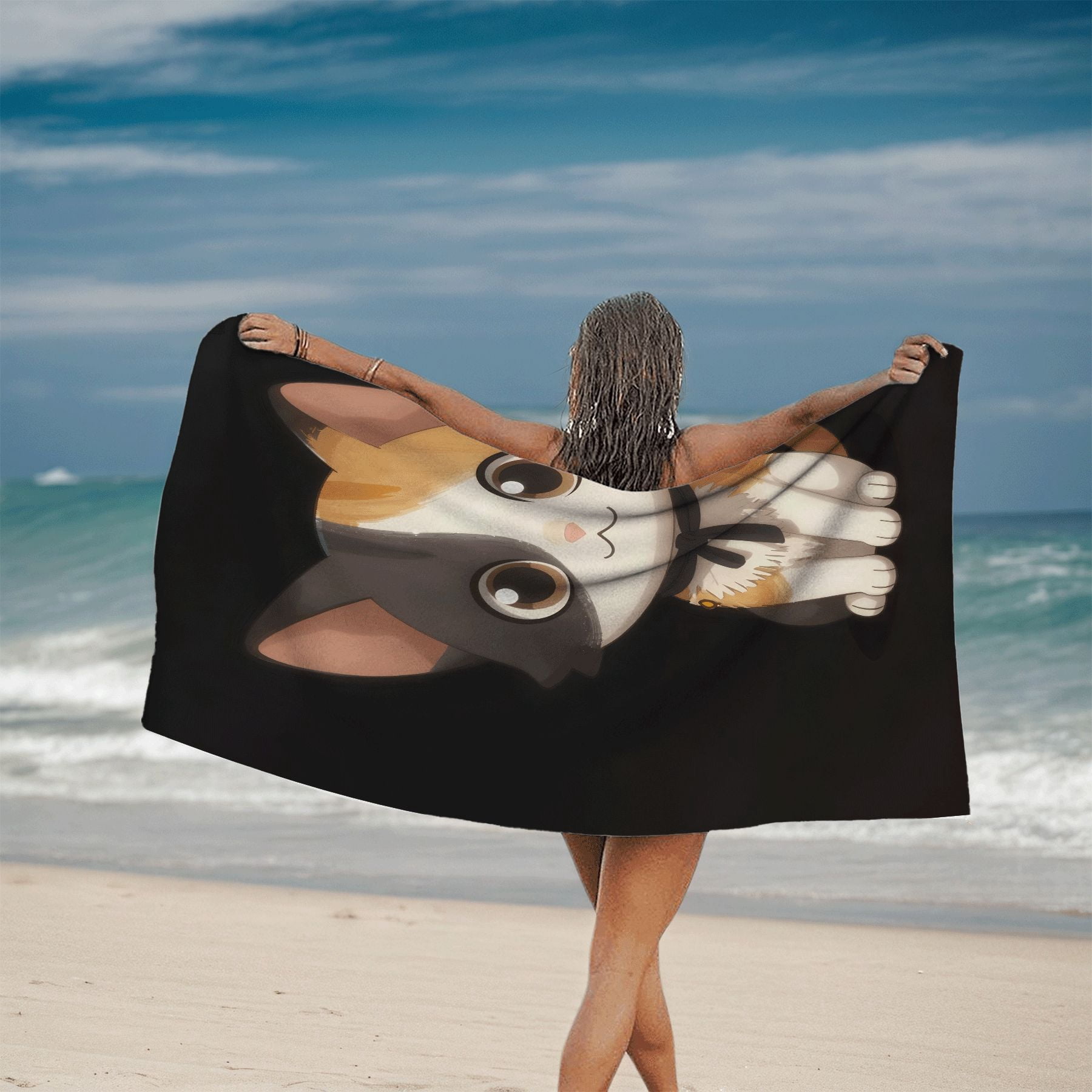 Colorful Cartoon Cat Beach Towel Color Patch Design with Black White ...